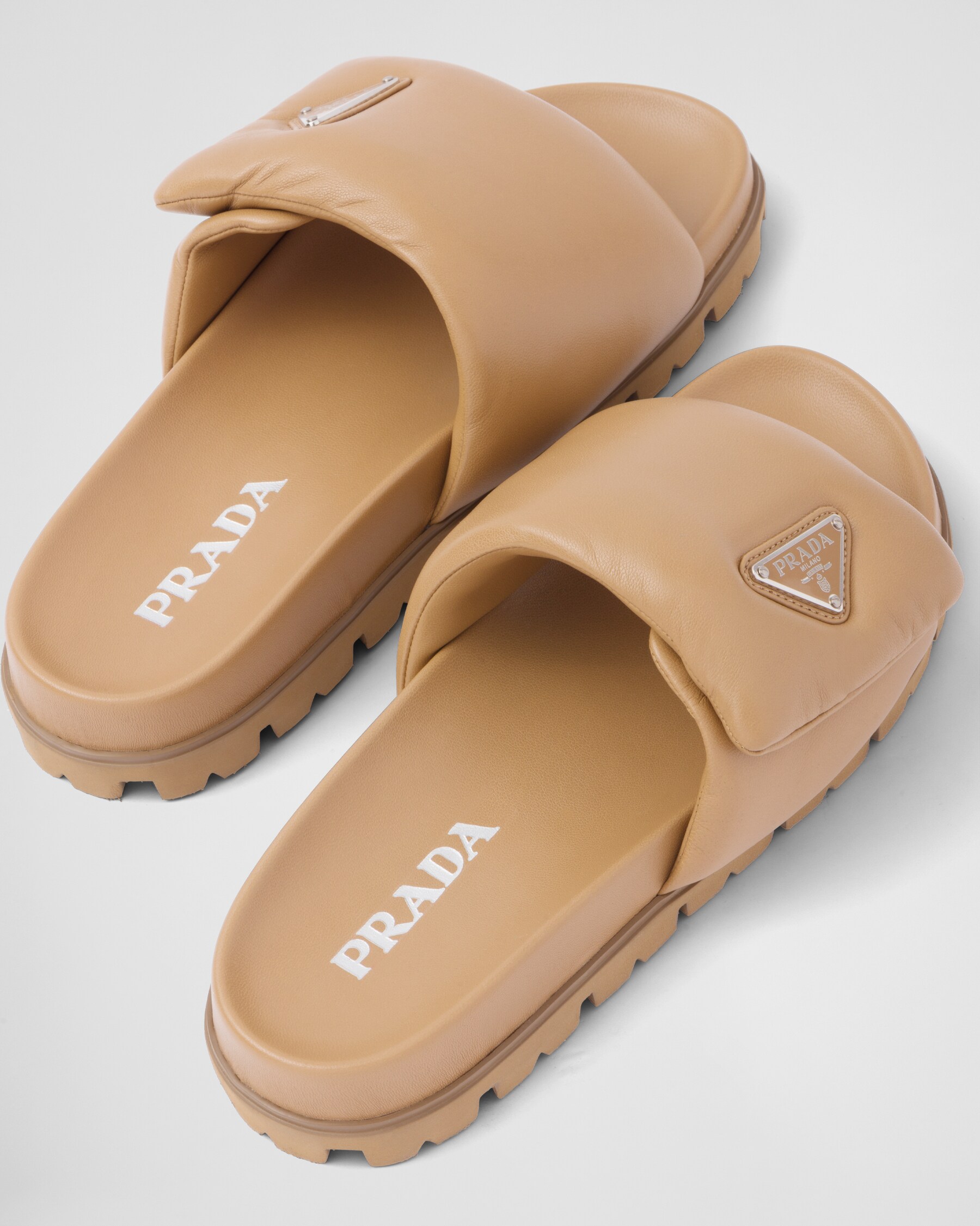 Caramel Soft Padded Nappa Leather Slides | PRADA