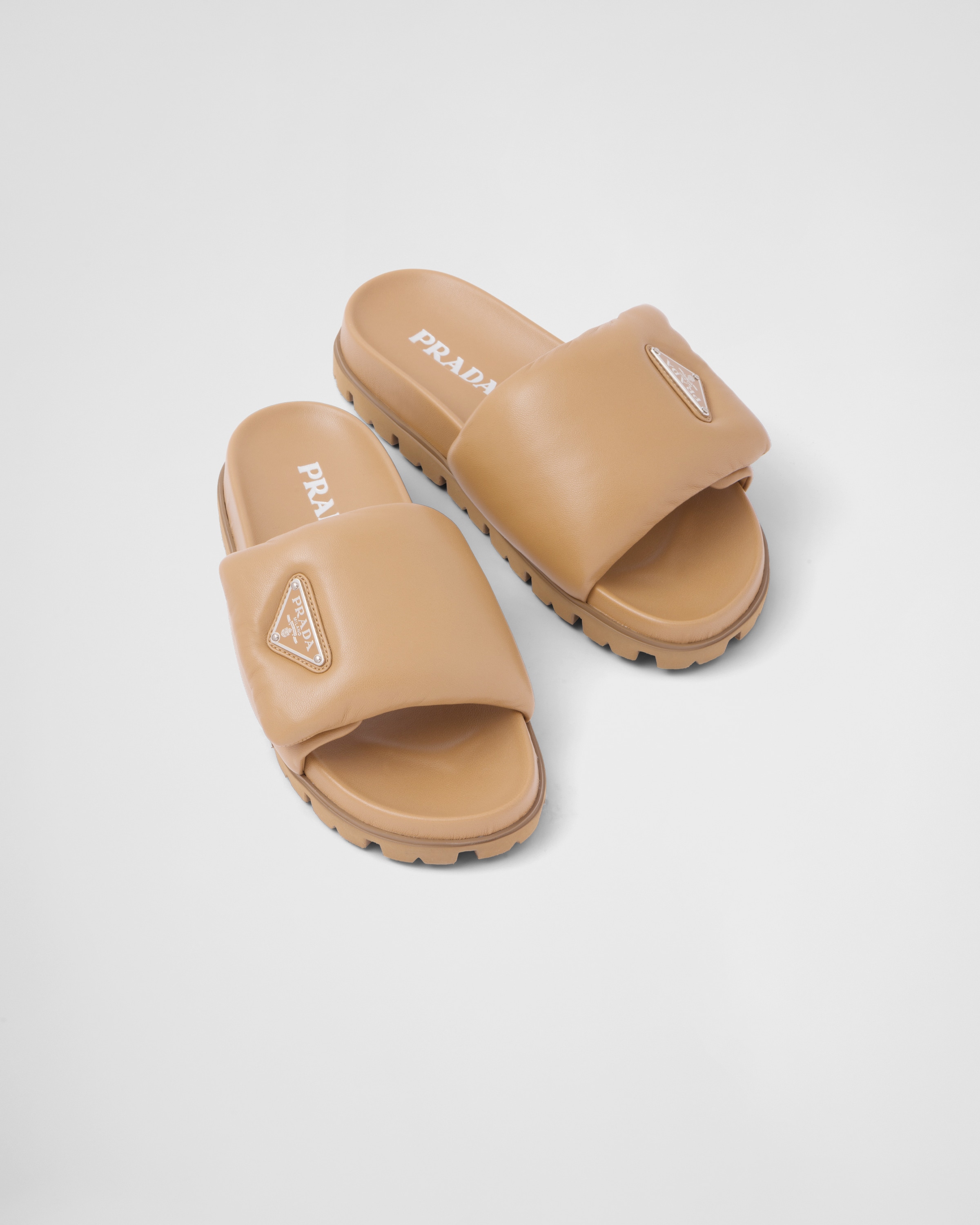 Caramel Prada Soft padded nappa leather slides | Prada