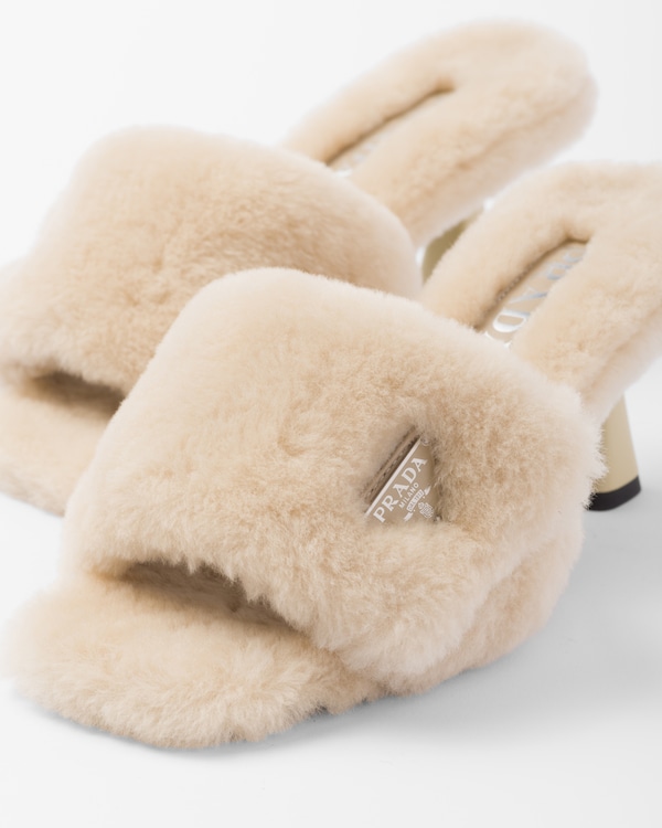 Ecru Shearling Sandals | PRADA