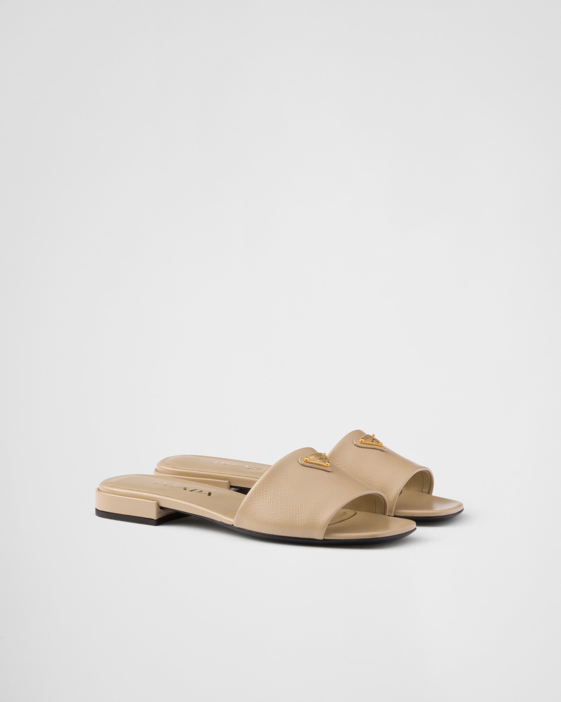 Sand Beige Saffiano Patent Leather Slides | PRADA