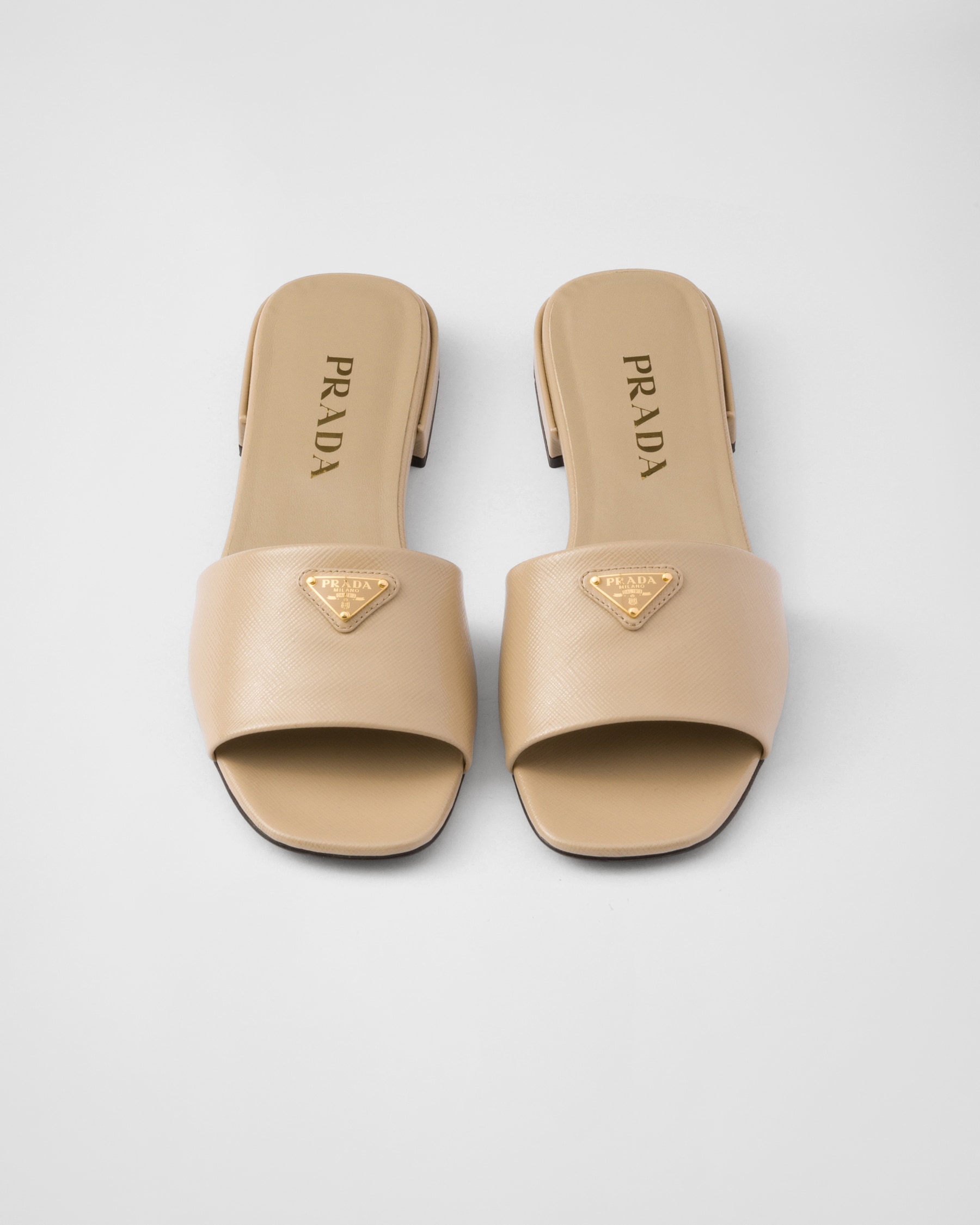 Sand Beige Saffiano Patent Leather Slides | PRADA