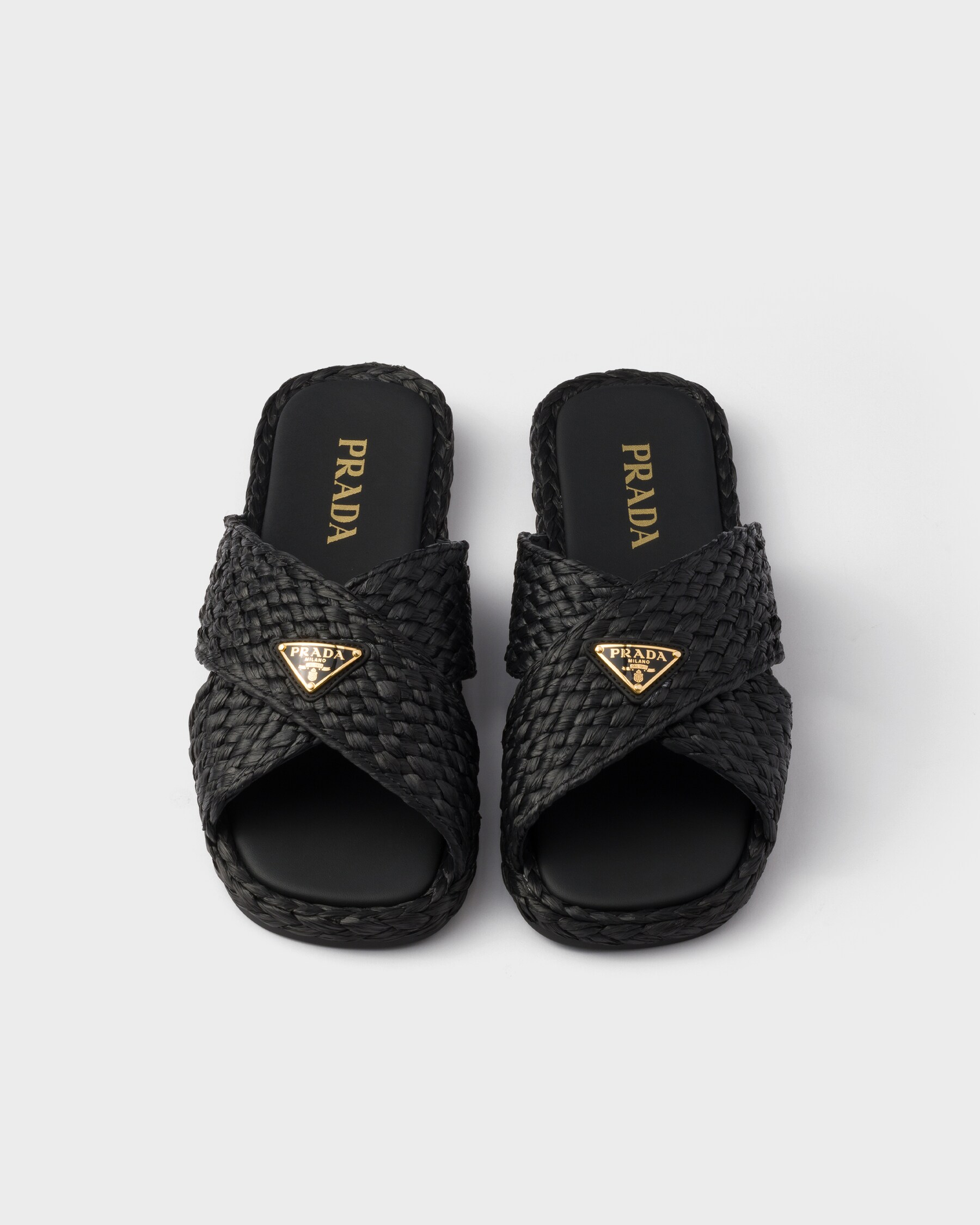 Black Raffia Crisscross Slides | PRADA