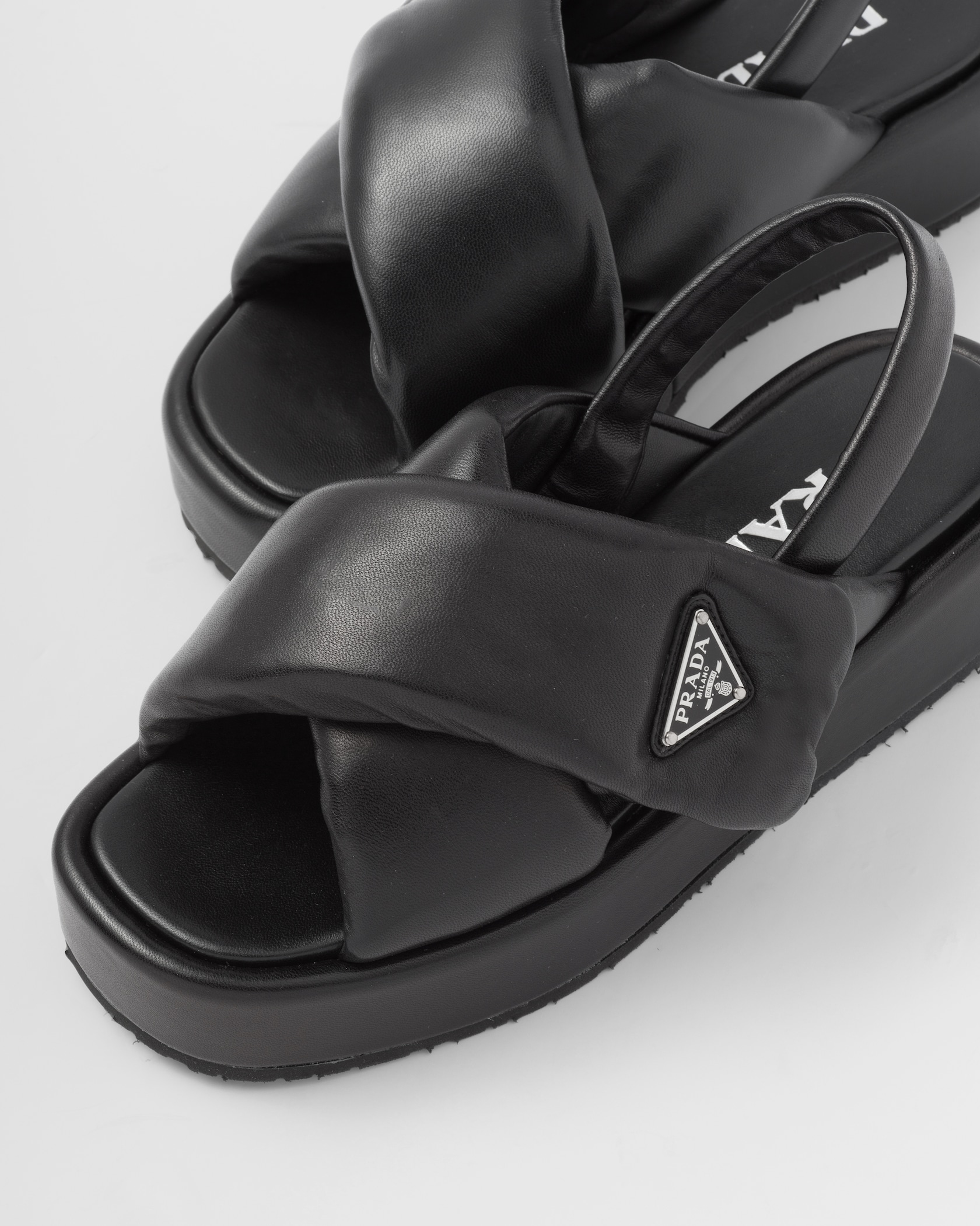 Black Prada Soft Padded Nappa Leather Wedge Sandals | PRADA
