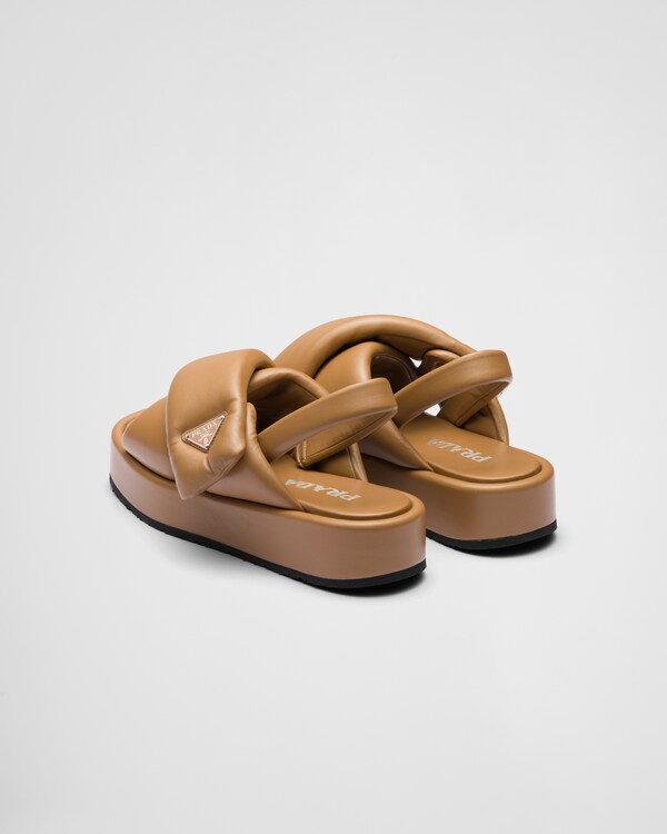 Caramel Prada Soft Padded Nappa Leather Wedge Sandals | PRADA