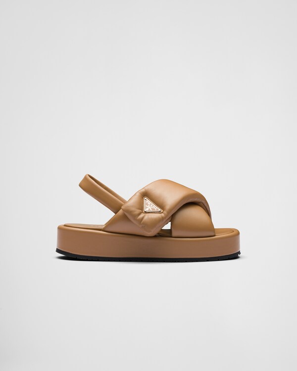 Caramel Prada Soft Padded Nappa Leather Wedge Sandals | PRADA
