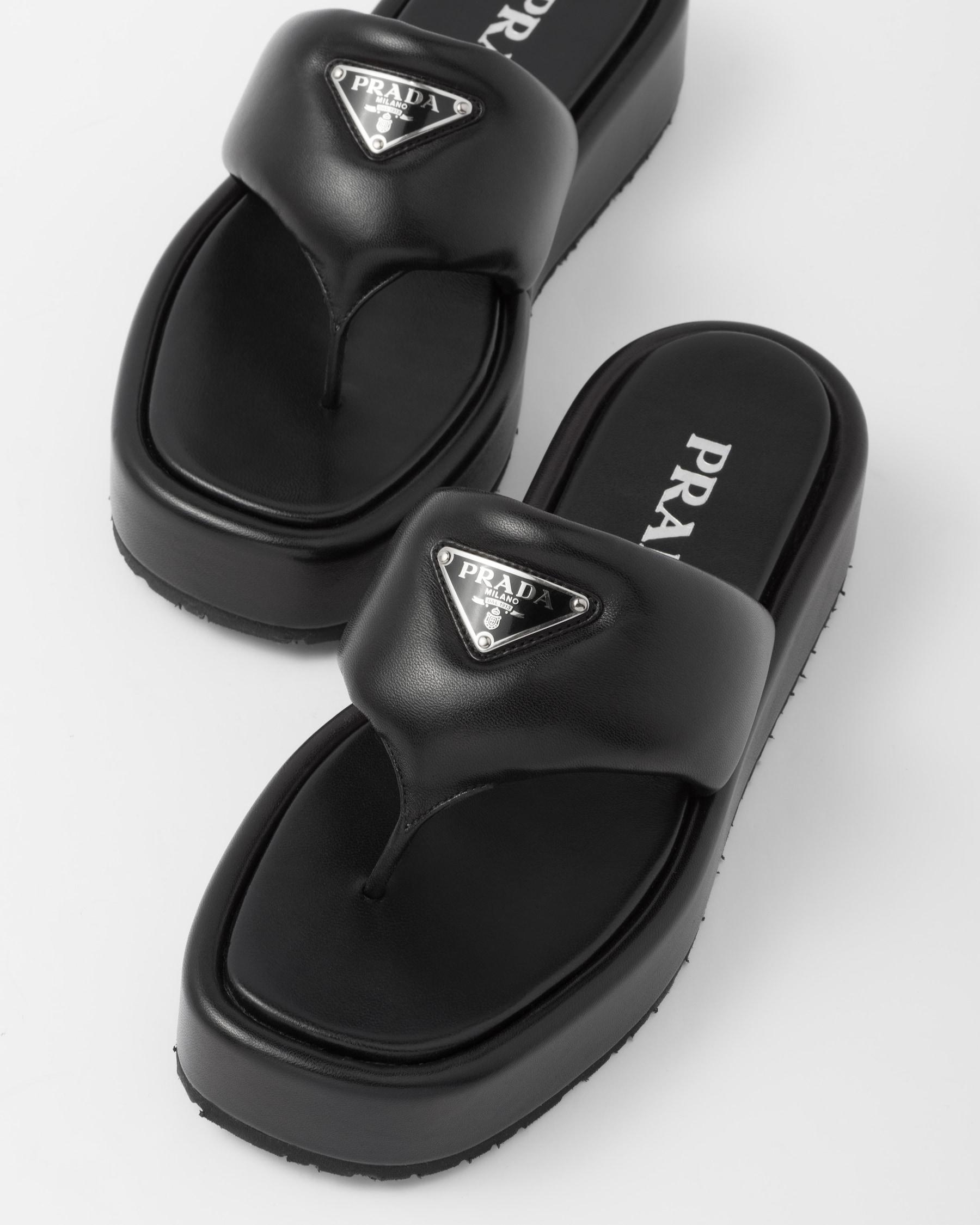 Black Prada Soft Padded Nappa Leather Thong Wedge Sandals | PRADA