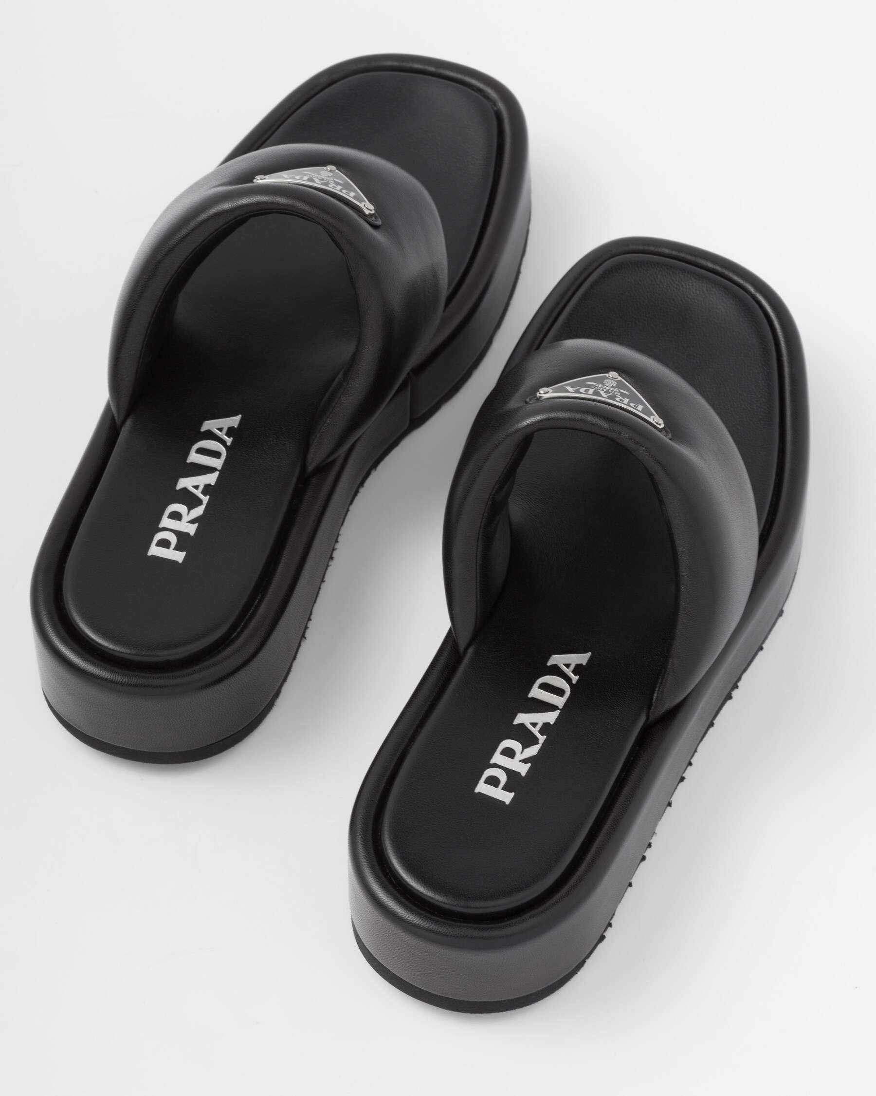 Black Prada Soft Padded Nappa Leather Thong Wedge Sandals | PRADA