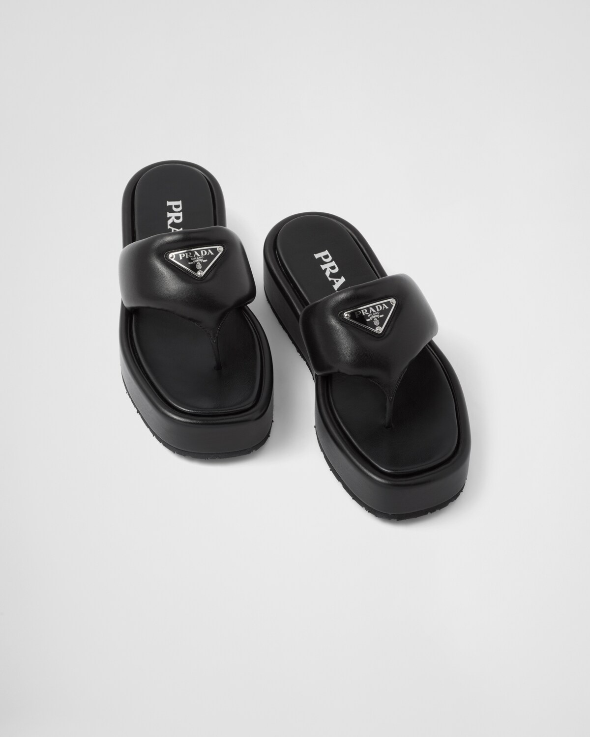 Black Prada Soft Padded Nappa Leather Thong Wedge Sandals | PRADA
