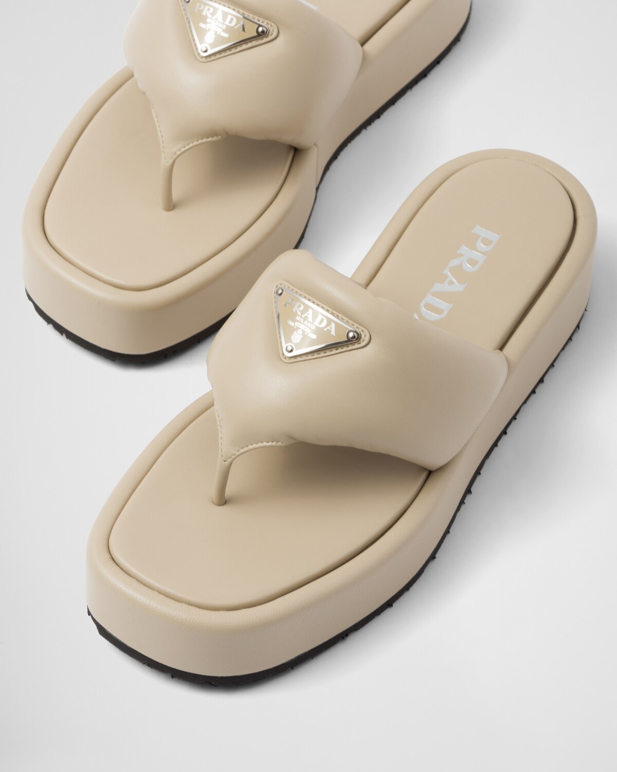 Desert Beige Prada Soft Padded Nappa Leather Thong Wedge Sandals | PRADA