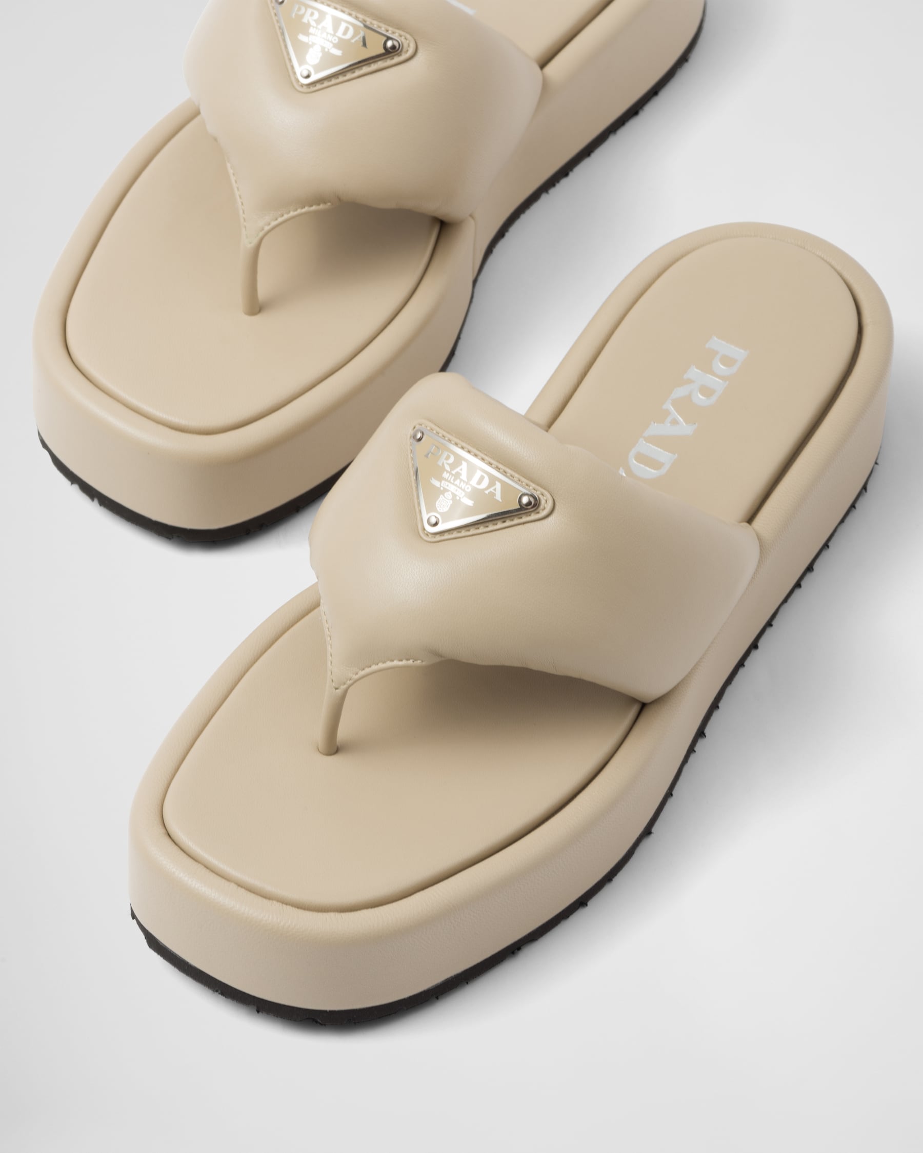 Desert Beige Prada Soft Padded Nappa Leather Thong Wedge Sandals | PRADA
