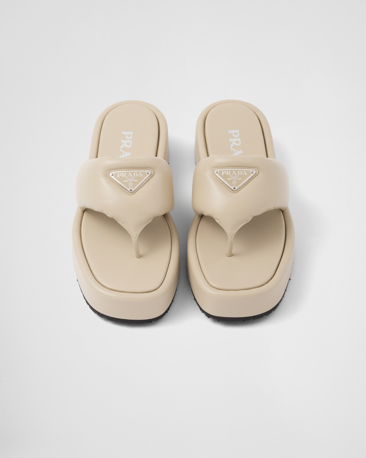 Desert Beige Prada Soft Padded Nappa Leather Thong Wedge Sandals | PRADA