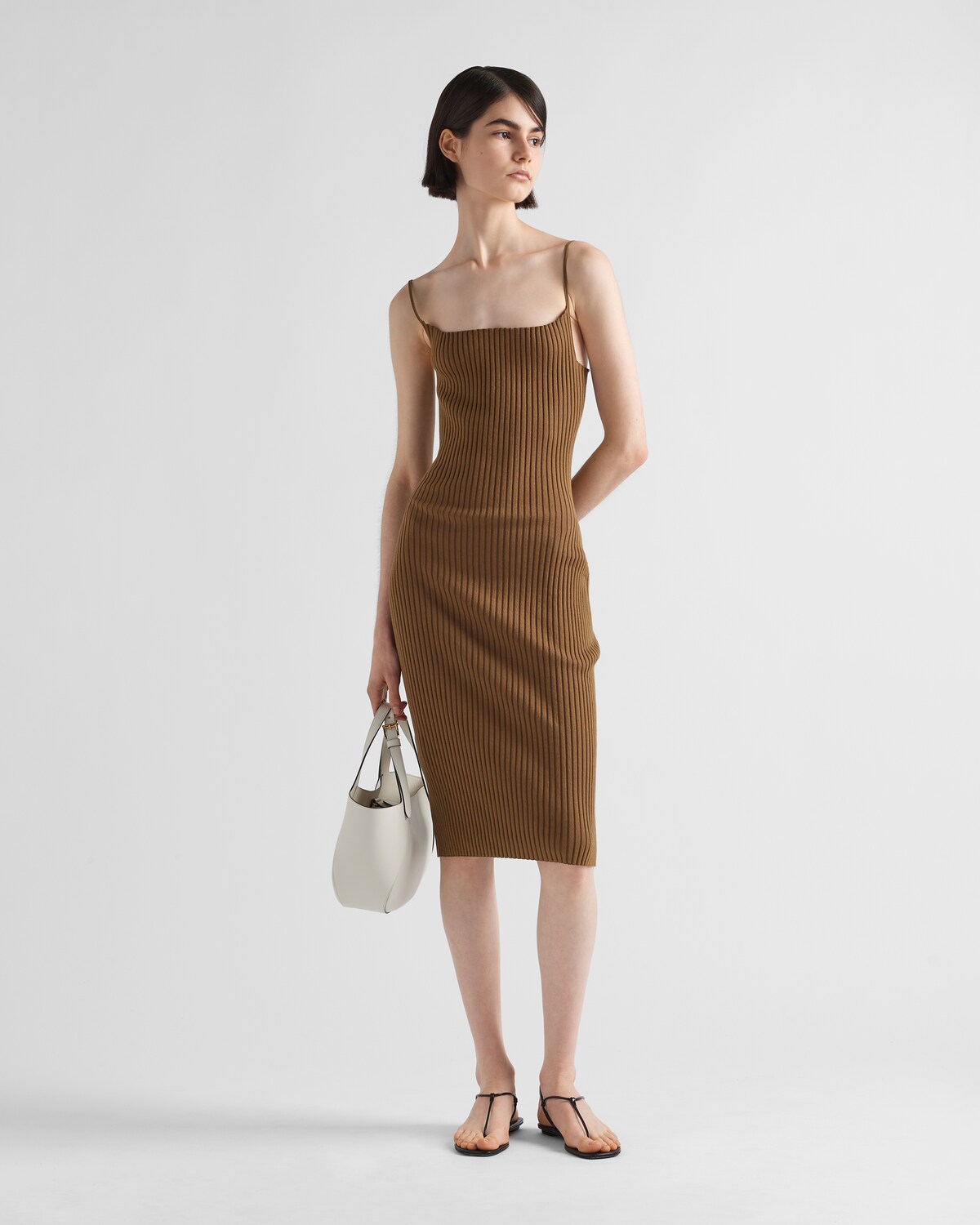 Cork Beige Ribbed Knit Cotton Dress | PRADA