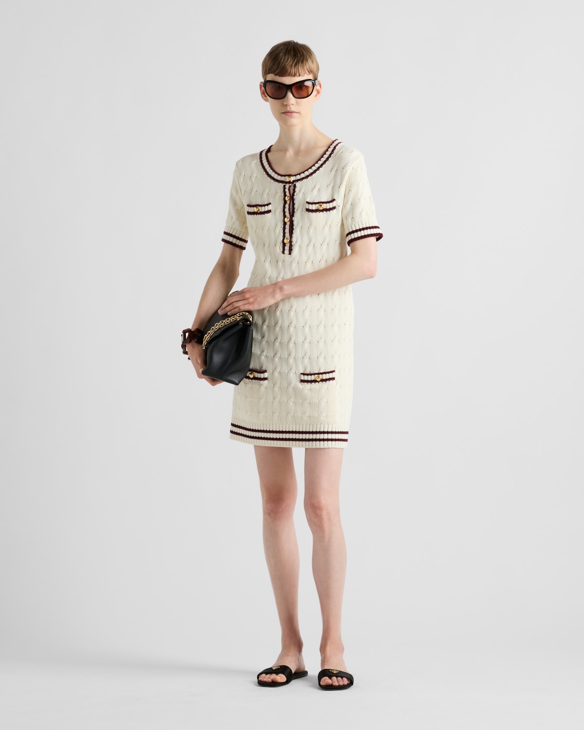 White/burgundy Round Neck Cotton Mini-dress | PRADA