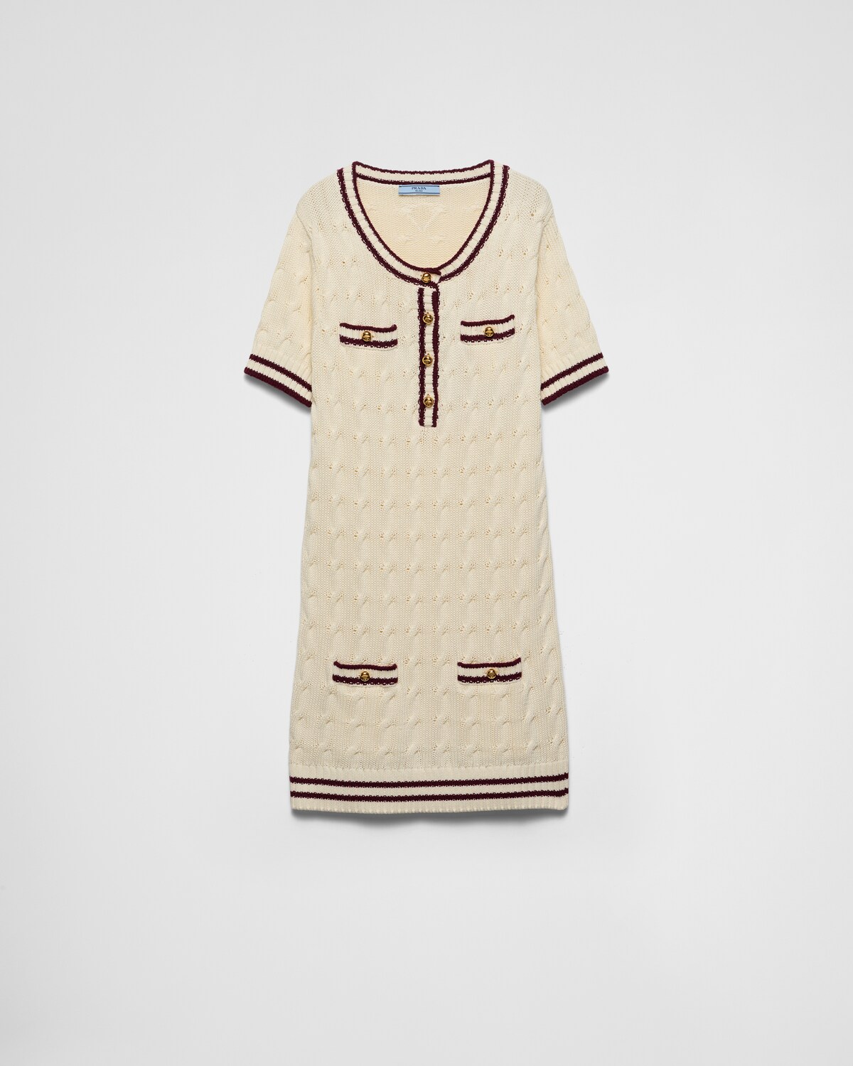 White/burgundy Round Neck Cotton Mini-dress | PRADA