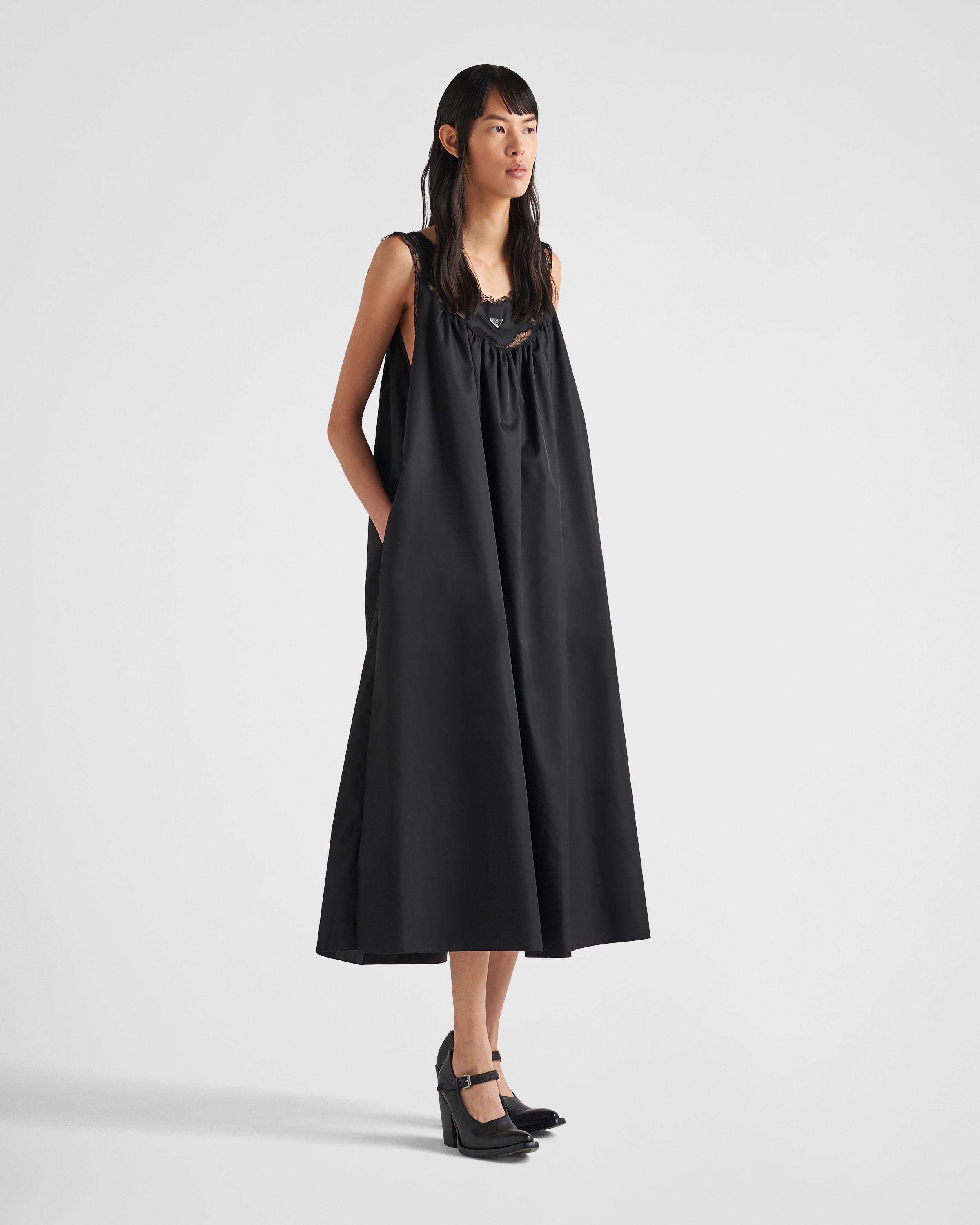 Black Re-Nylon and lace midi-dress | Prada