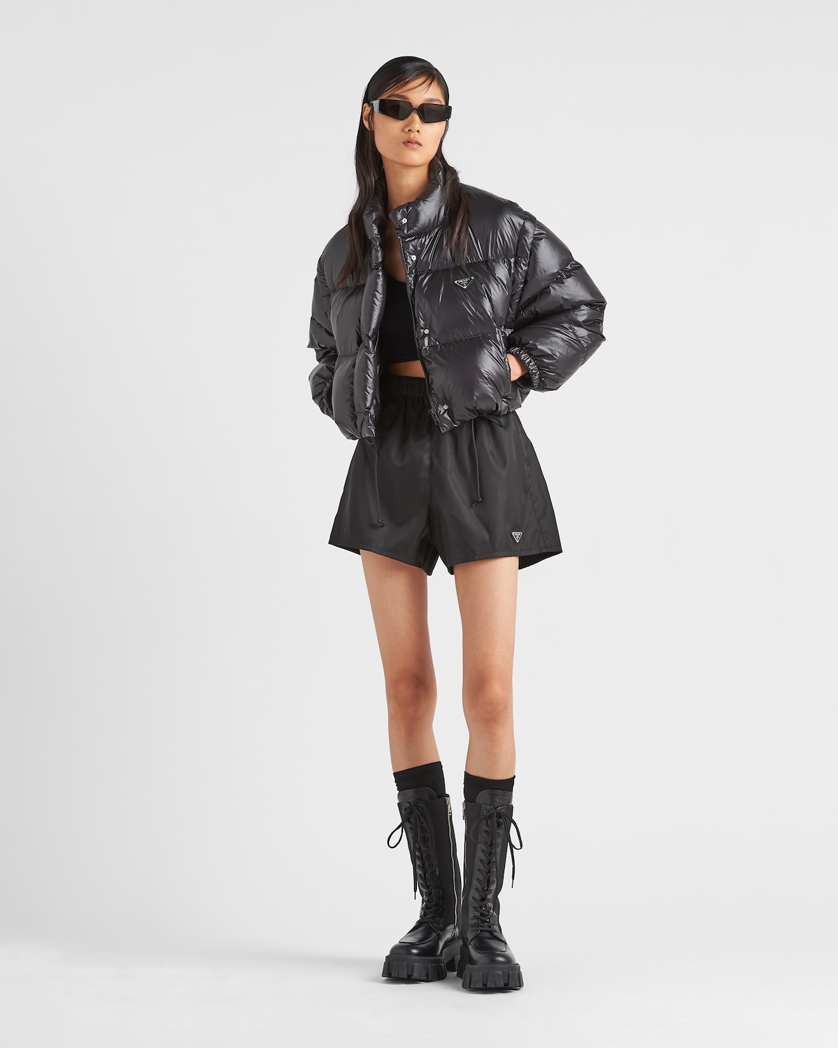 Black Re-nylon Cropped Convertible Down Jacket | PRADA