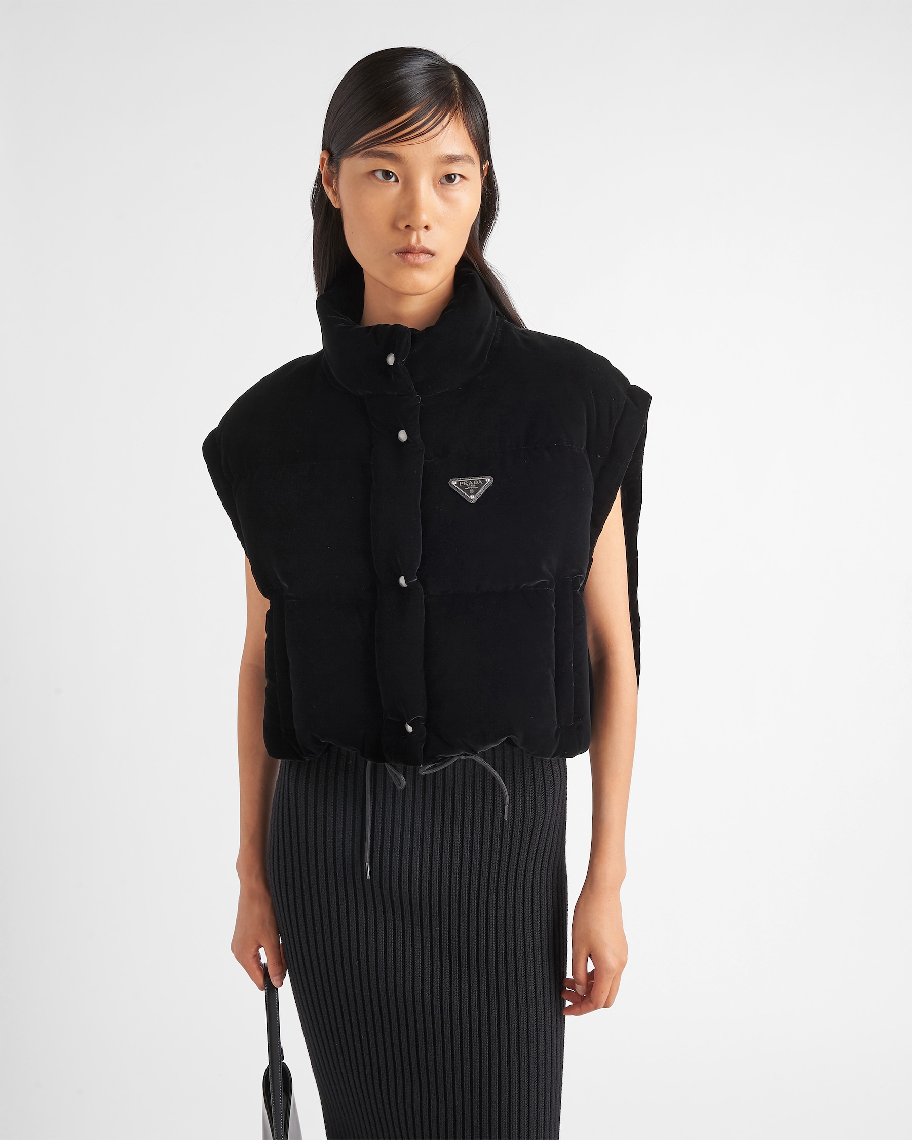 Black Convertible Cropped Velvet Down Jacket | PRADA