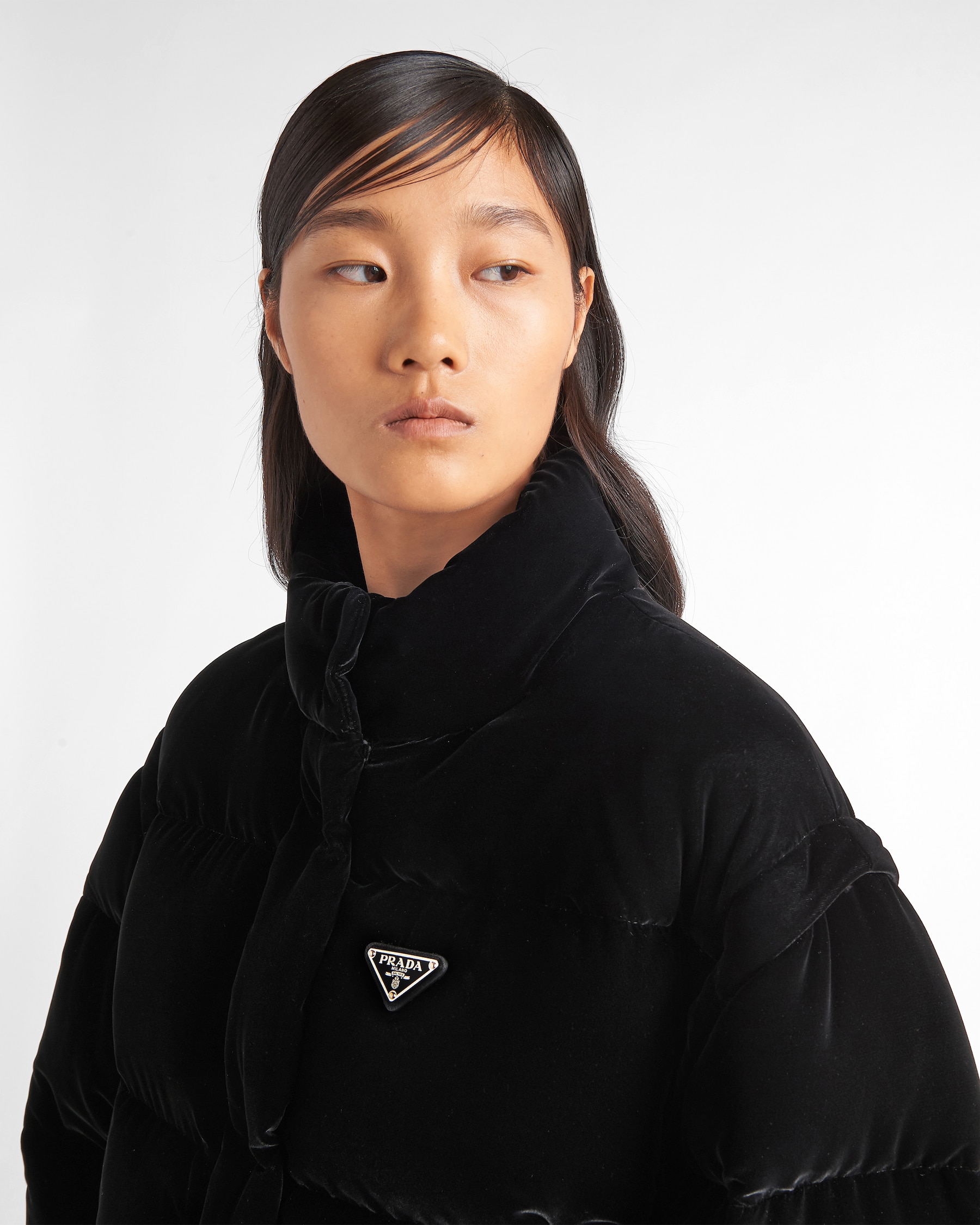 Black Convertible Cropped Velvet Down Jacket | PRADA
