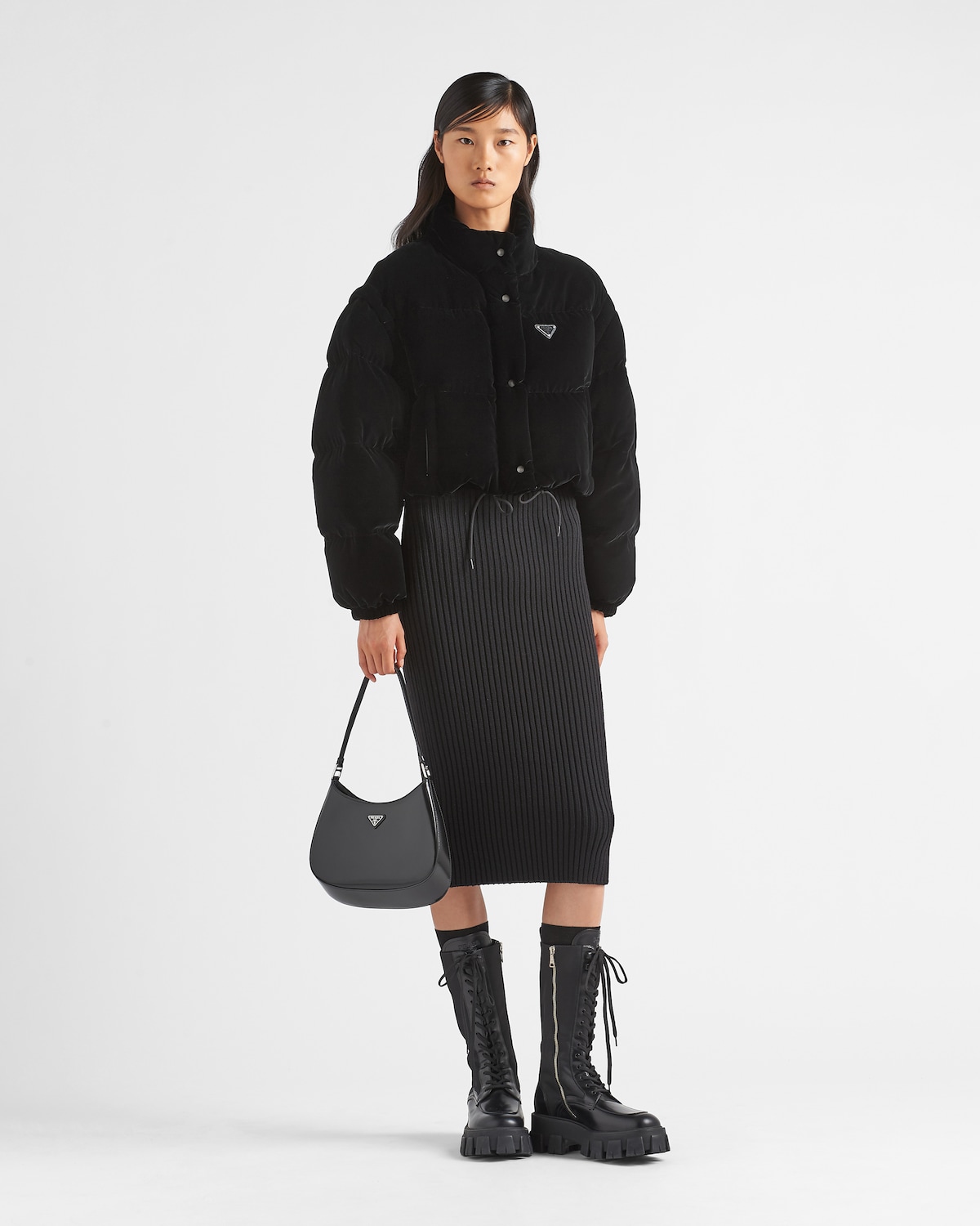 Black Convertible Cropped Velvet Down Jacket | PRADA