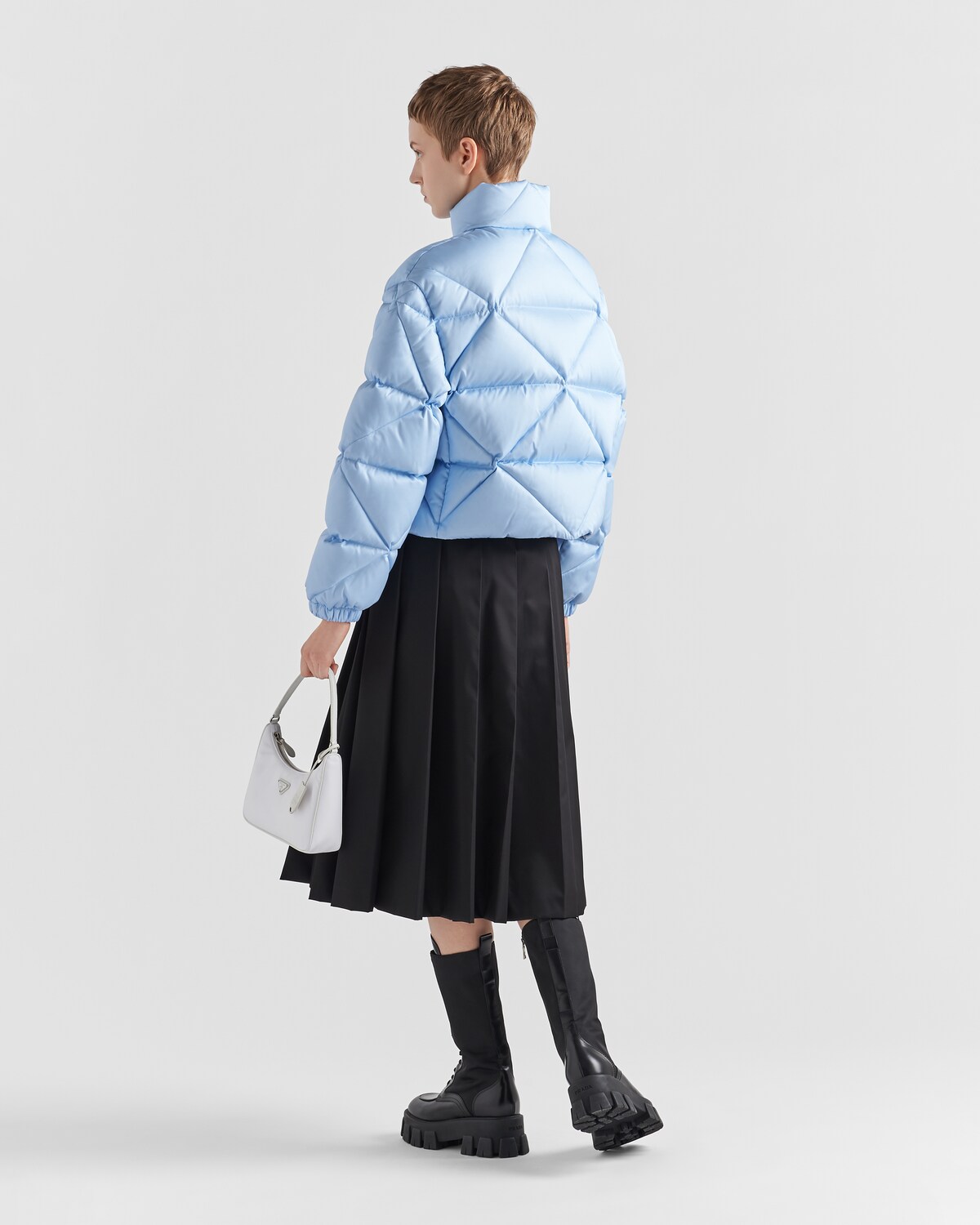 Light Blue Re-nylon Gabardine Cropped Down Jacket | PRADA