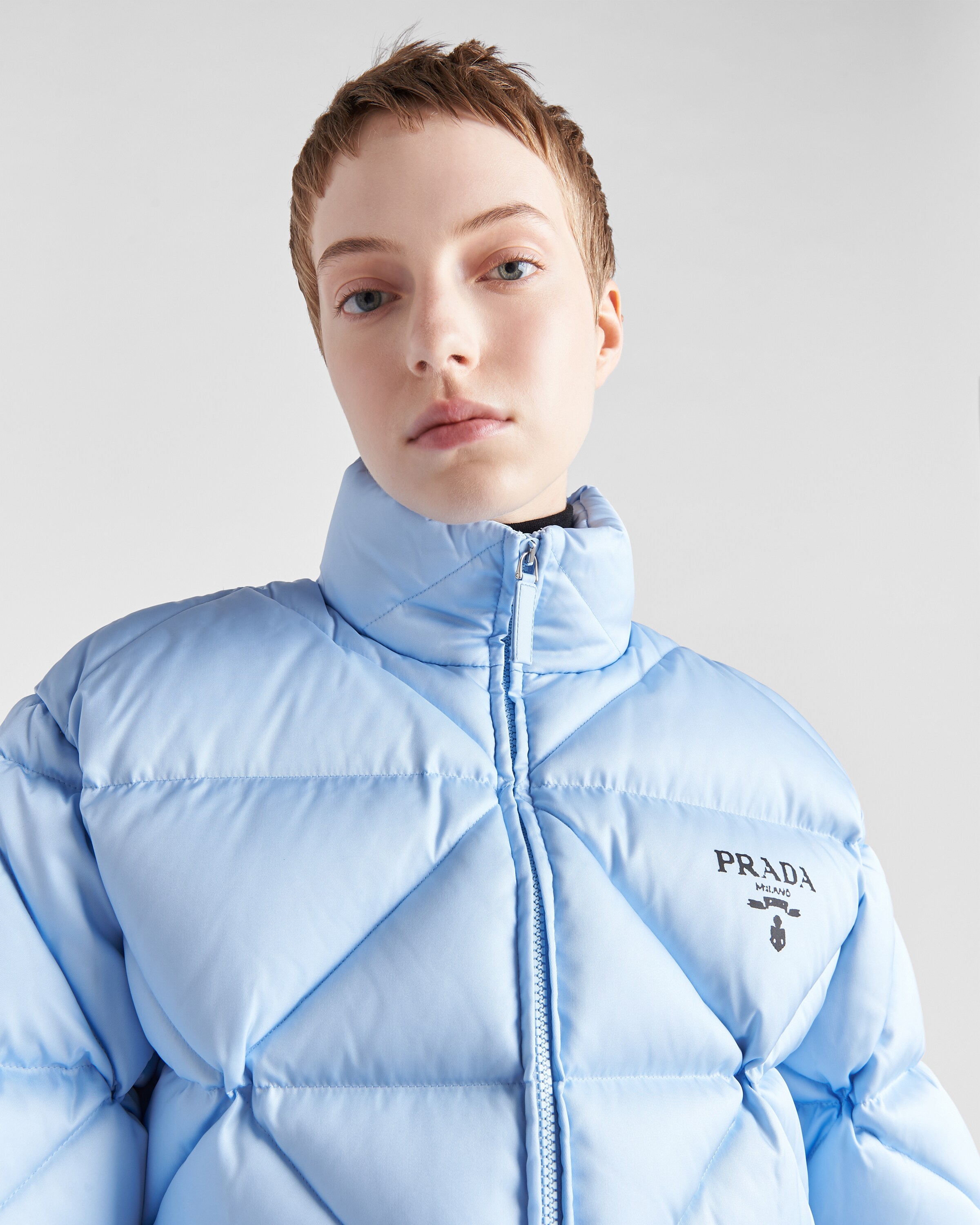 Light Blue Re-nylon Gabardine Cropped Down Jacket | PRADA