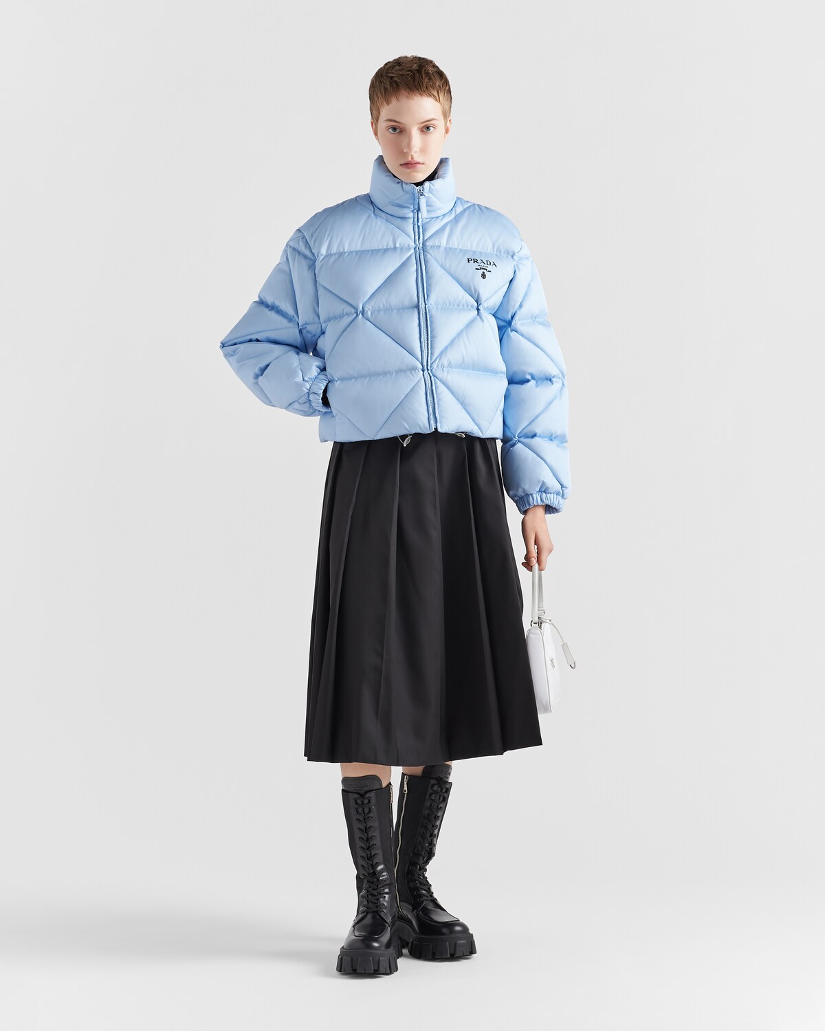 Light Blue Re-nylon Gabardine Cropped Down Jacket | PRADA