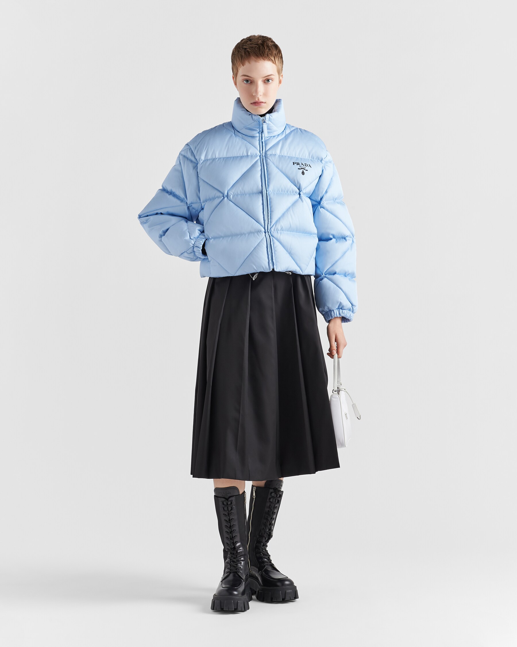 Light Blue Re-nylon Gabardine Cropped Down Jacket | PRADA