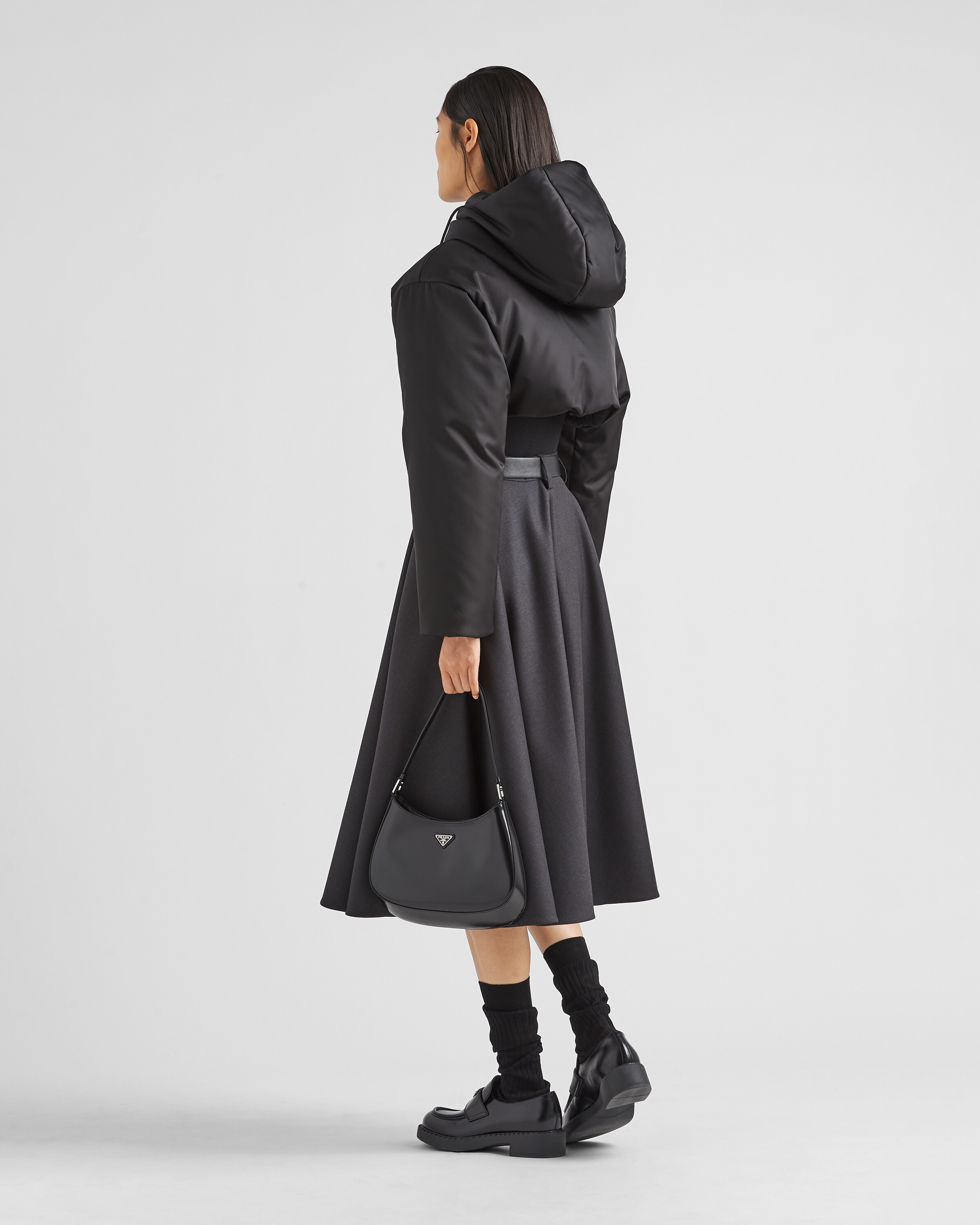 Black Re-Nylon cropped hooded down jacket | Prada