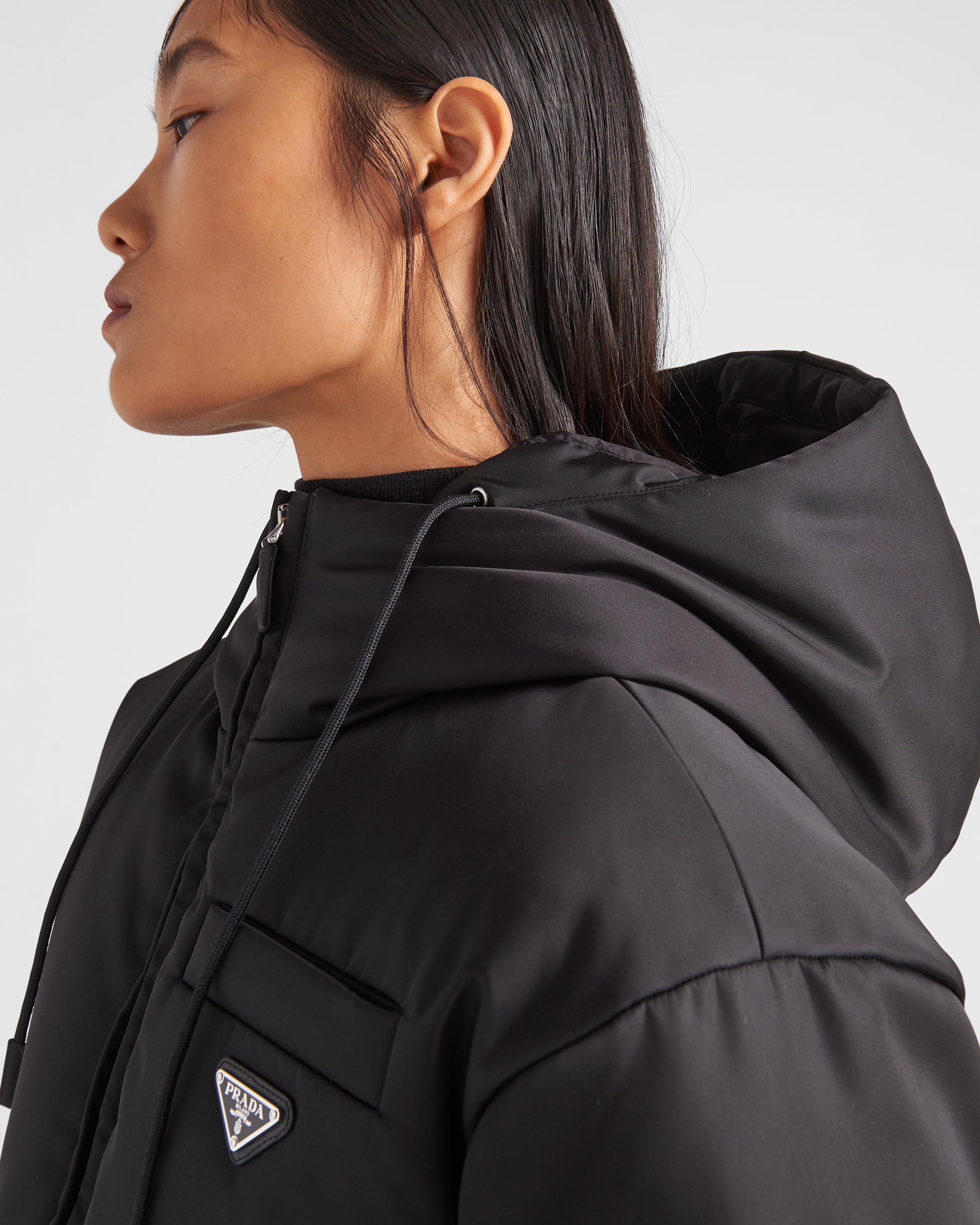 Black Re-Nylon cropped hooded down jacket | Prada
