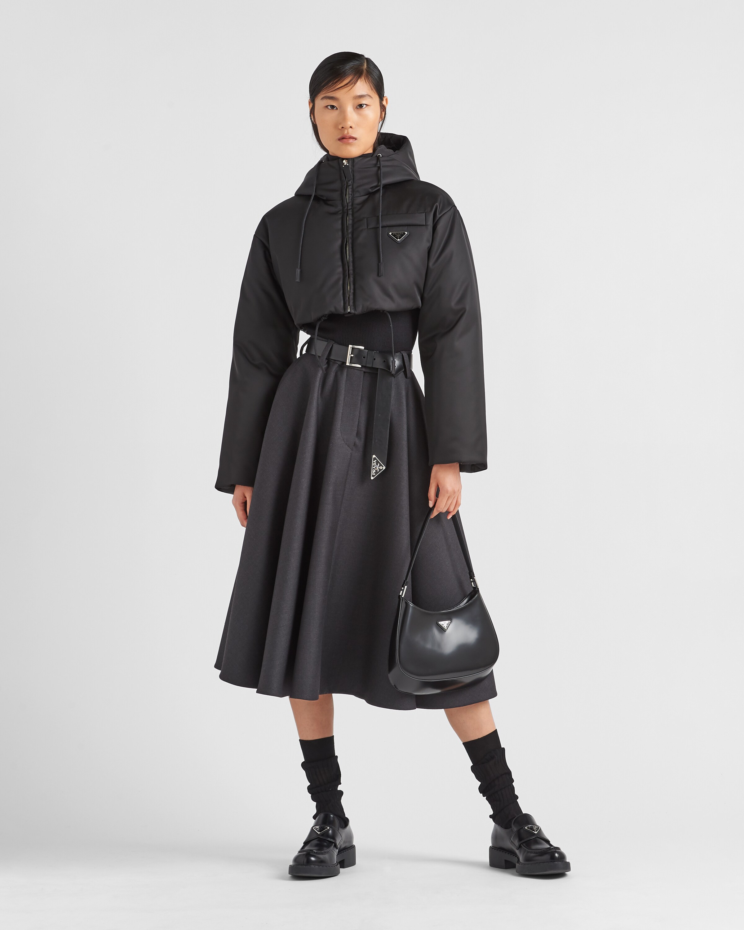 Black Re-Nylon cropped hooded down jacket | Prada