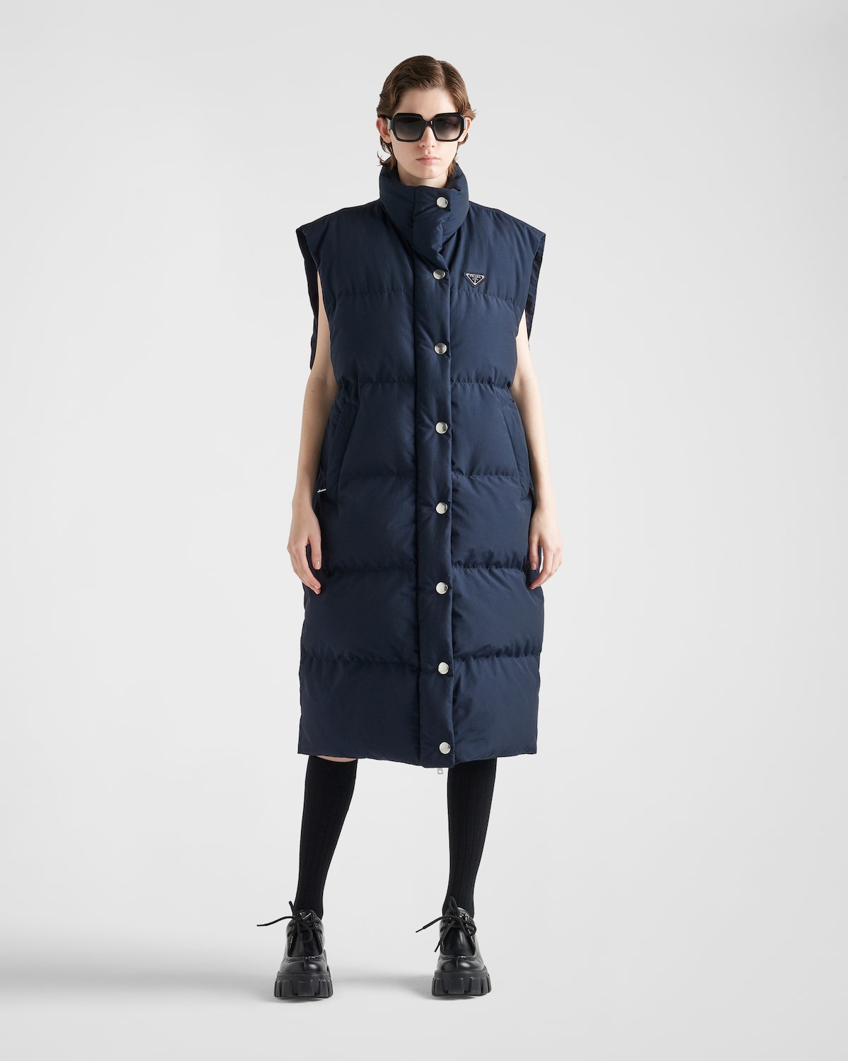 Navy Long Technical Fabric Down Vest | PRADA