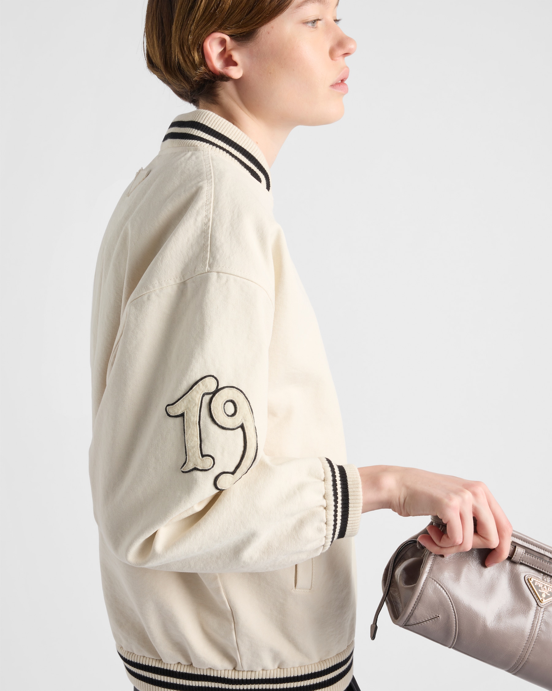 Ivory Canvas Bomber Jacket With Patches | PRADA
