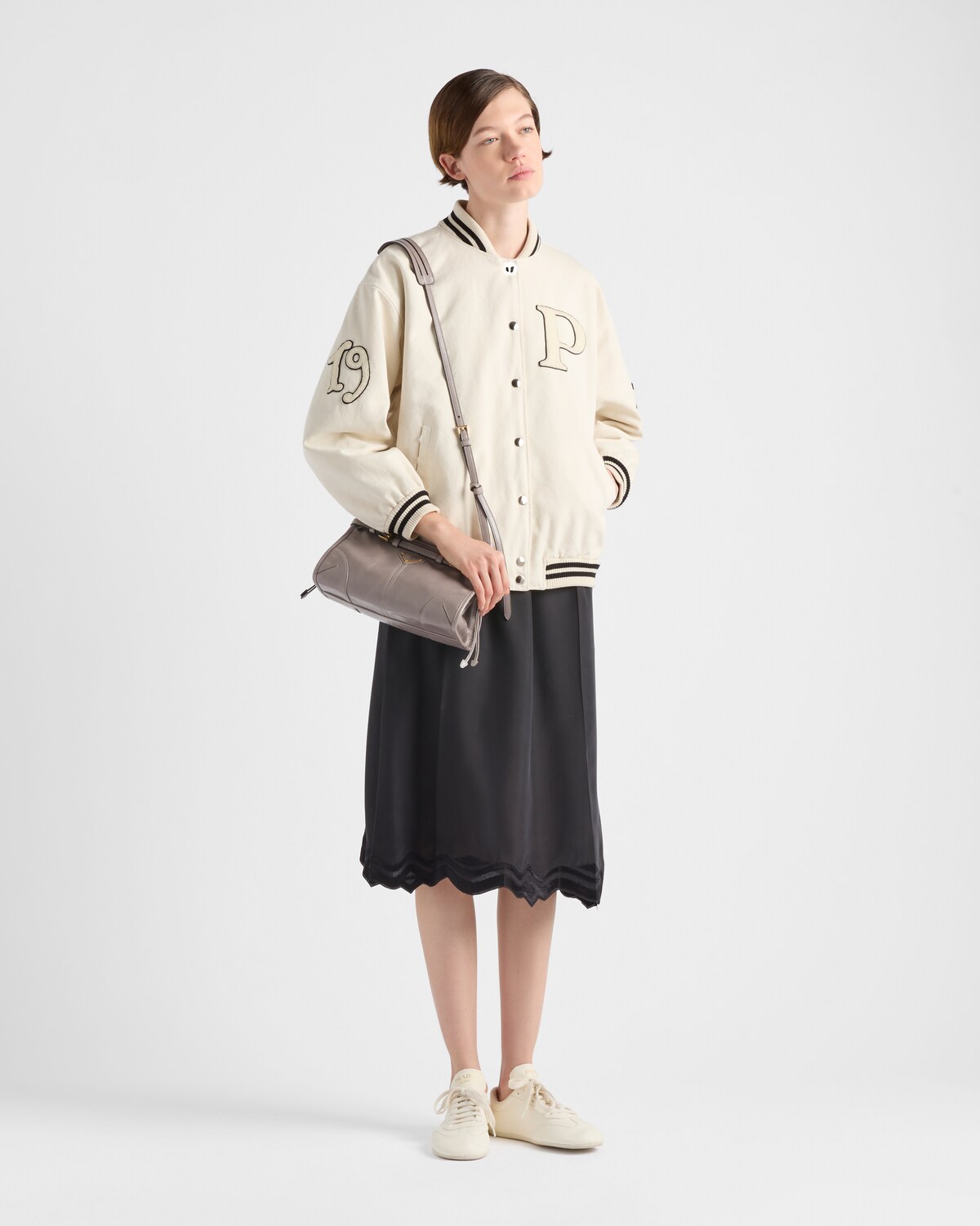 Ivory Canvas Bomber Jacket With Patches | PRADA
