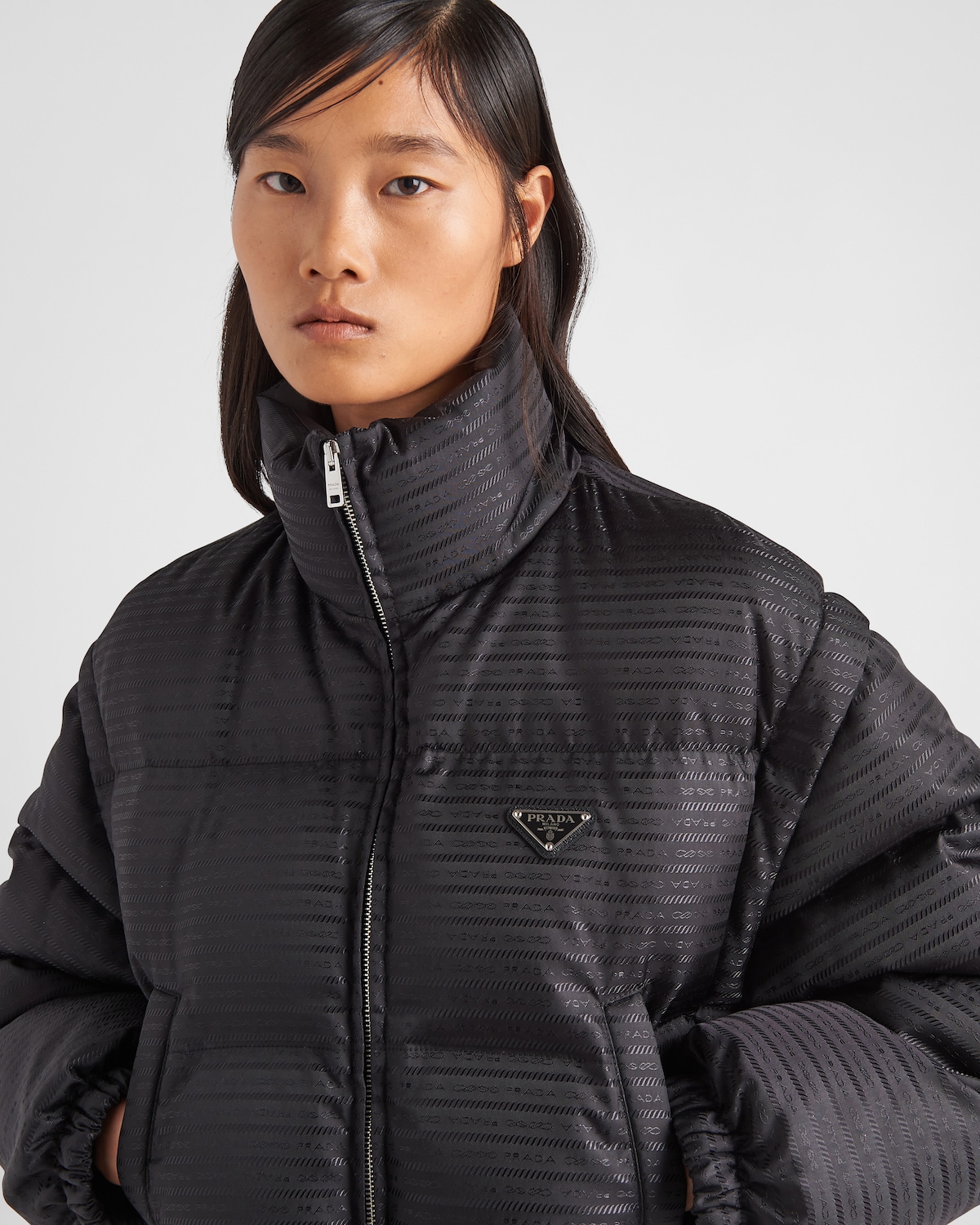 Black Re-nylon Cropped Hooded Down Jacket | PRADA