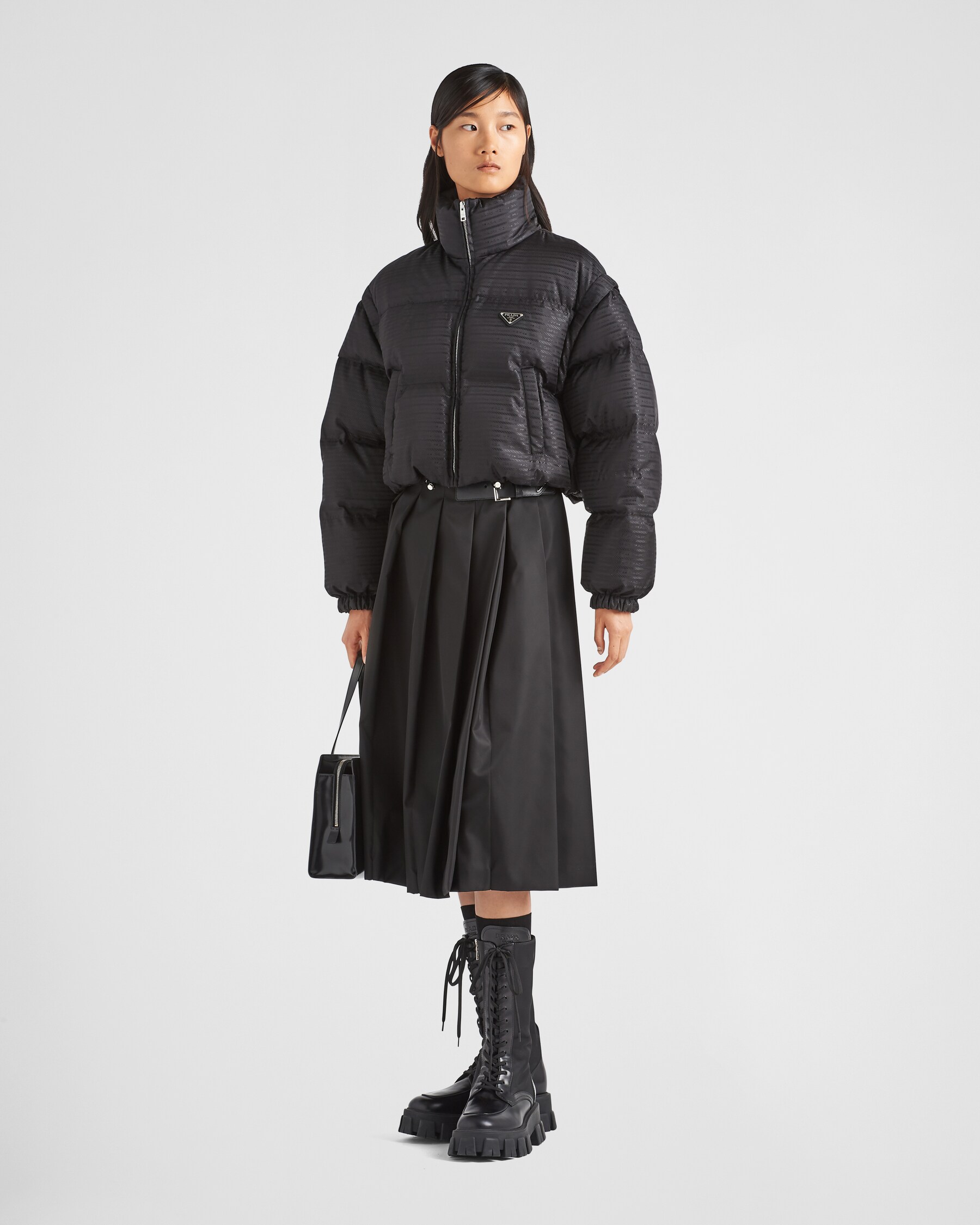 Black Re-nylon Cropped Hooded Down Jacket | PRADA
