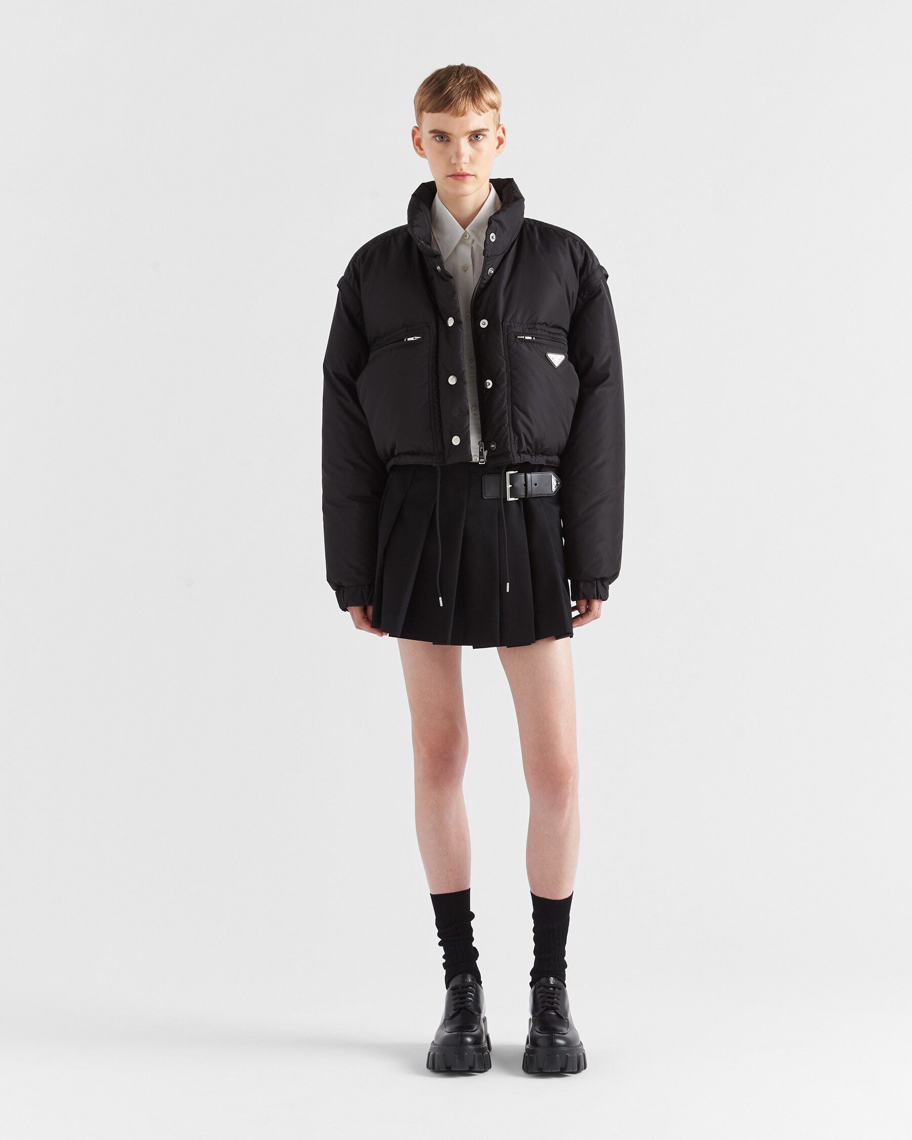 Black/blue Cropped Re-nylon Down Jacket | PRADA