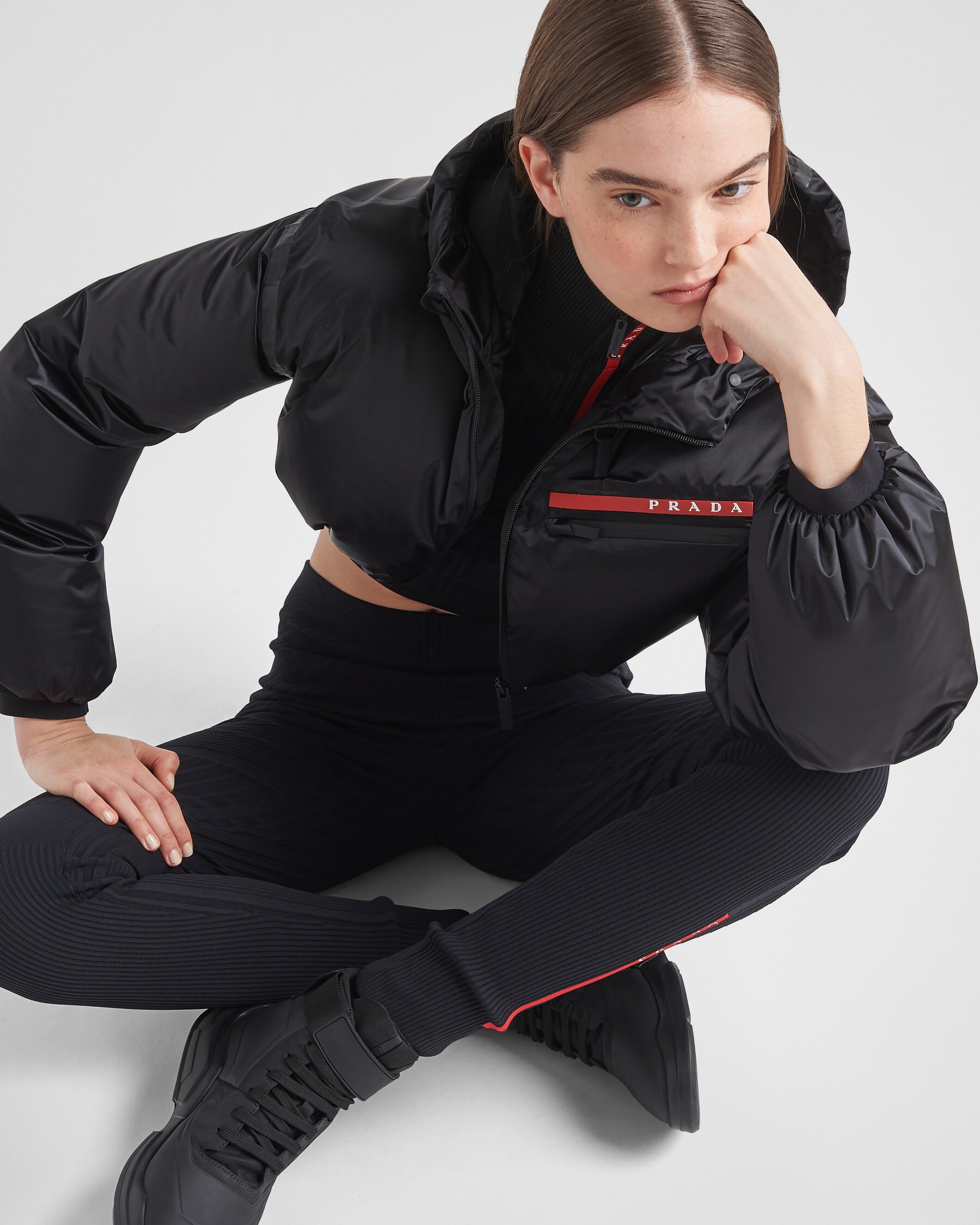 Black Technical Re-nylon Hooded Down Jacket | PRADA