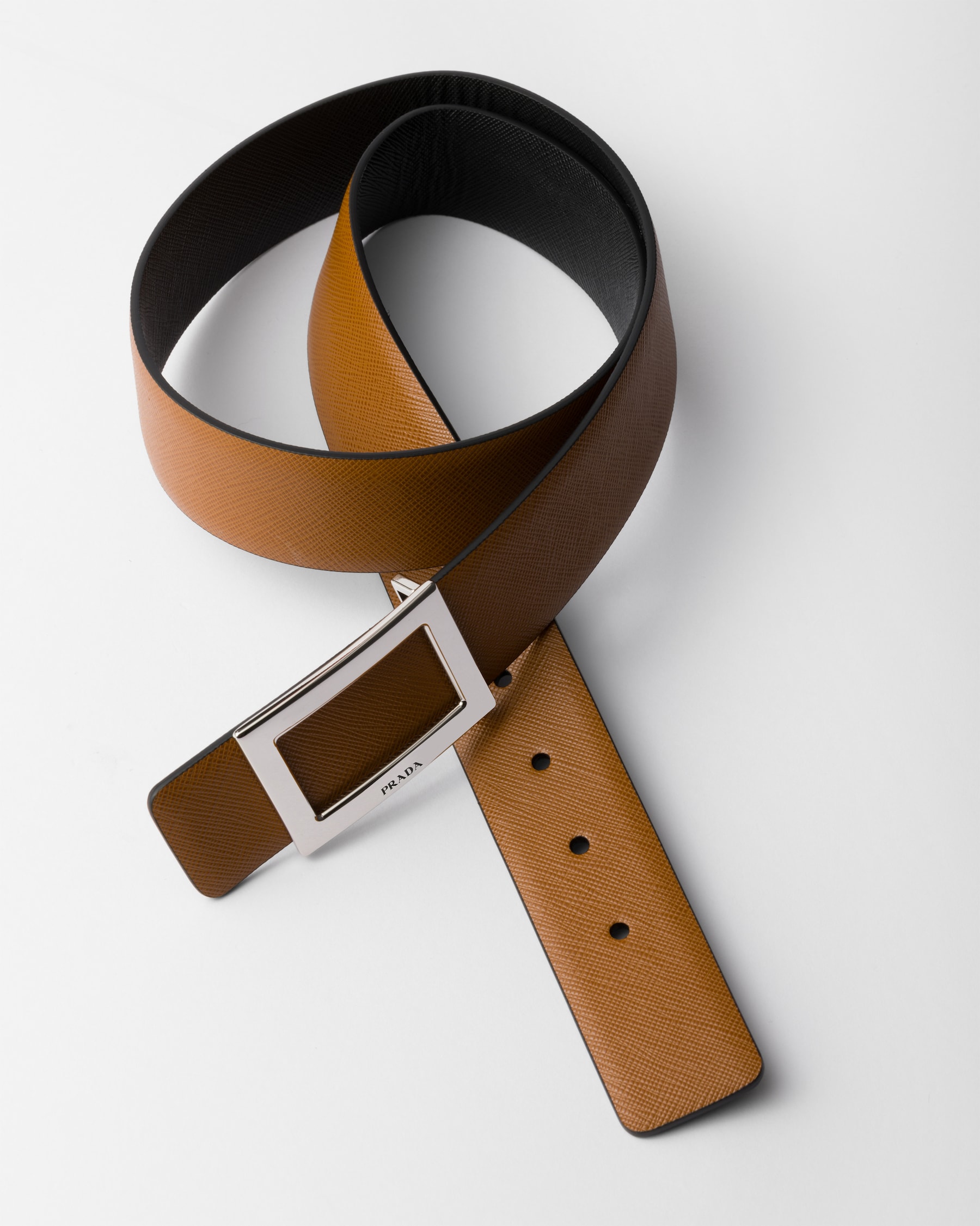 Tobacco/black Reversible Saffiano Leather Belt Strap | PRADA