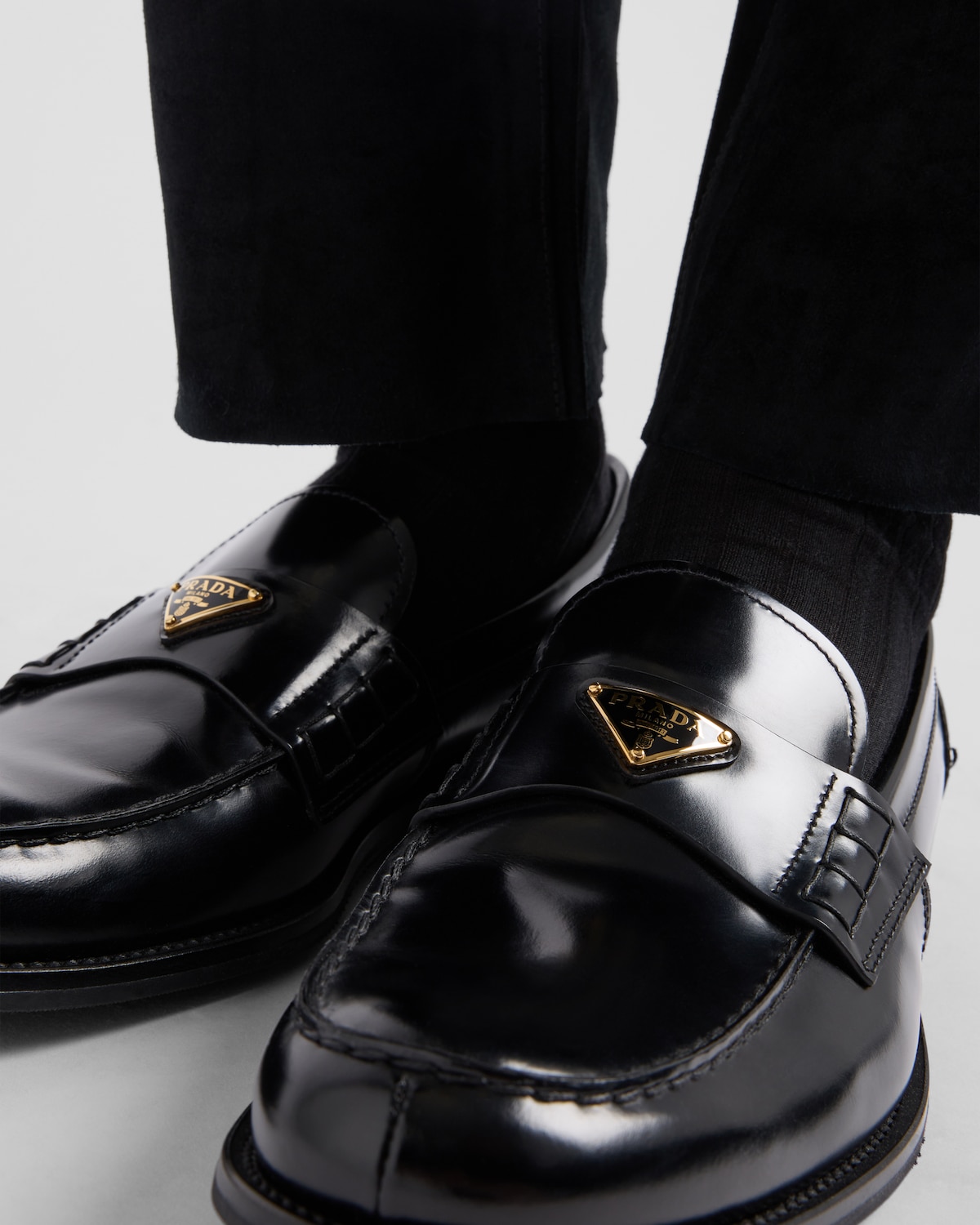 Black Brushed Leather Loafers | PRADA - United States