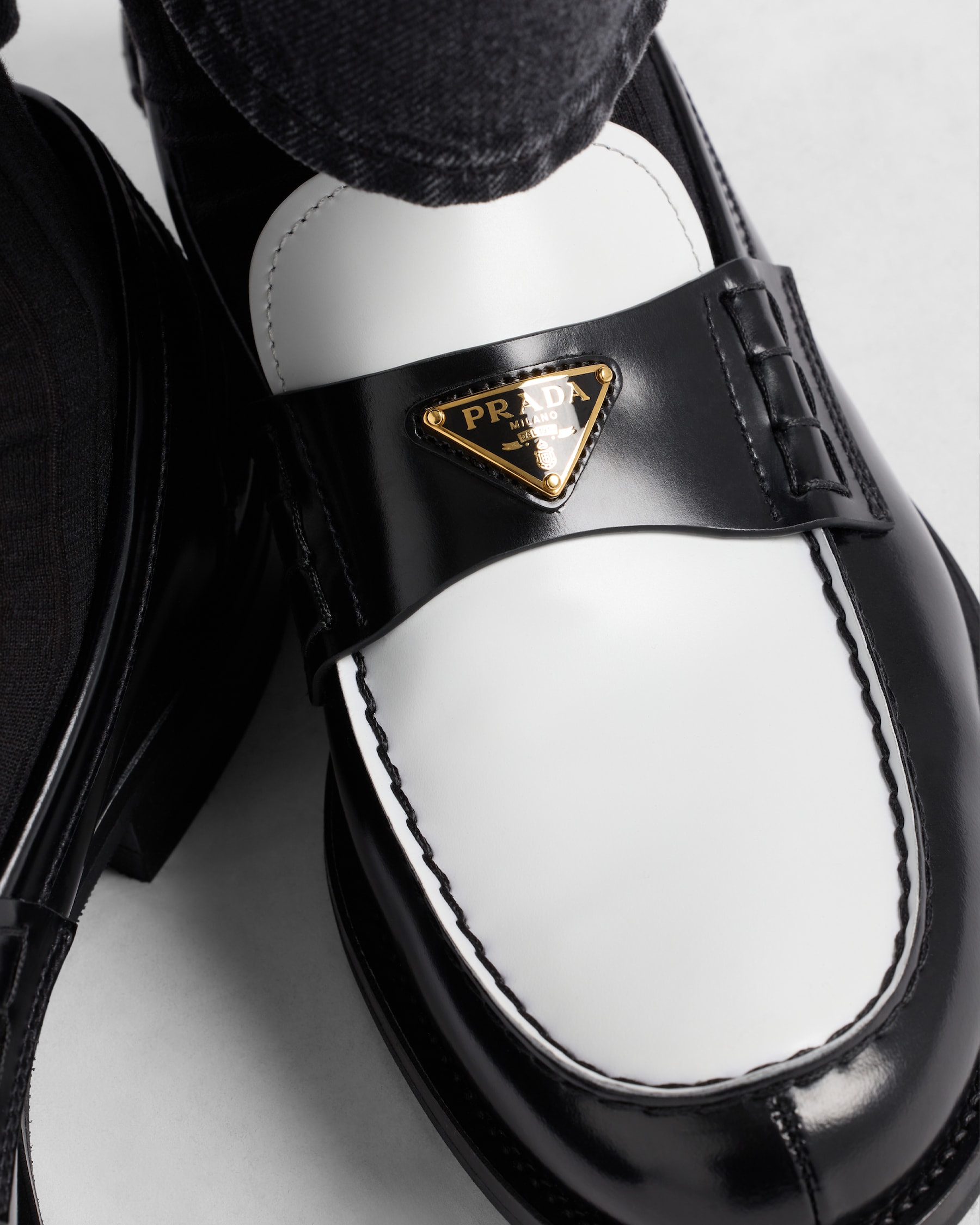 Black/white Two-tone Brushed Leather Loafers | PRADA
