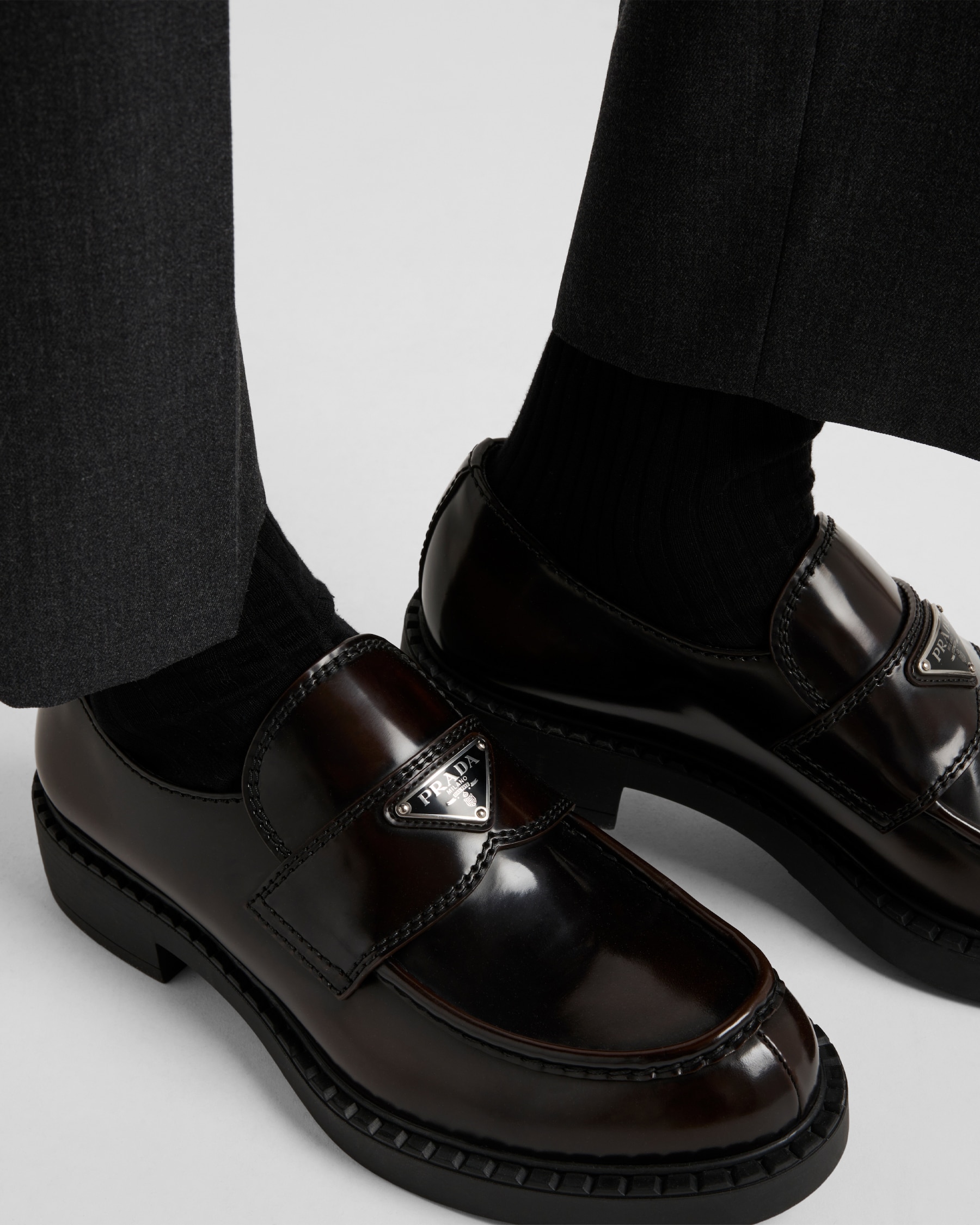 Sienna Chocolate Brushed Leather Loafers | PRADA - United States