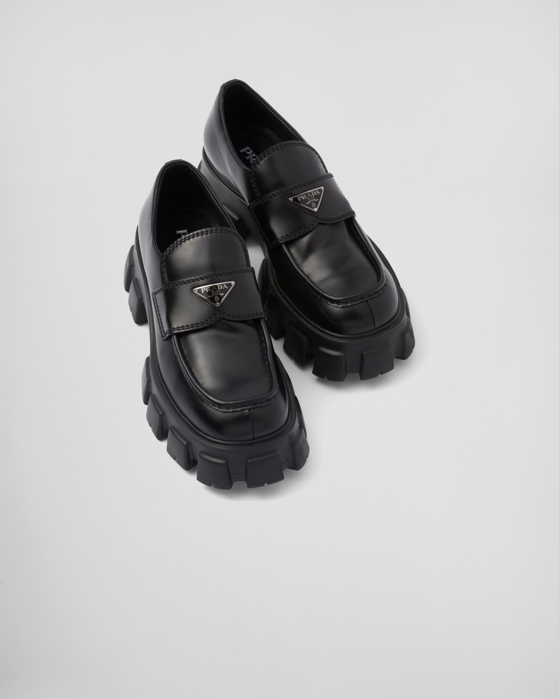 Black Monolith Brushed Leather Loafers | PRADA