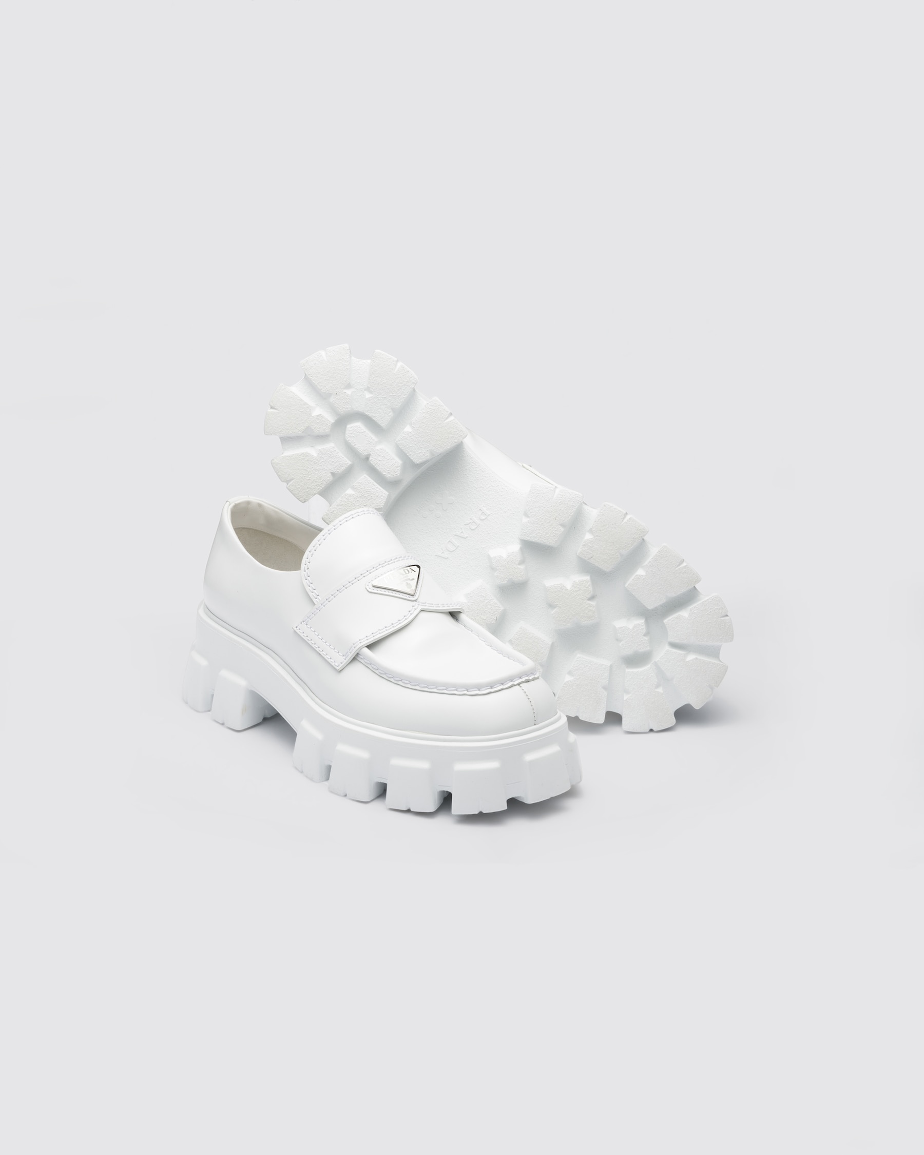White Monolith Brushed Leather Loafers | PRADA