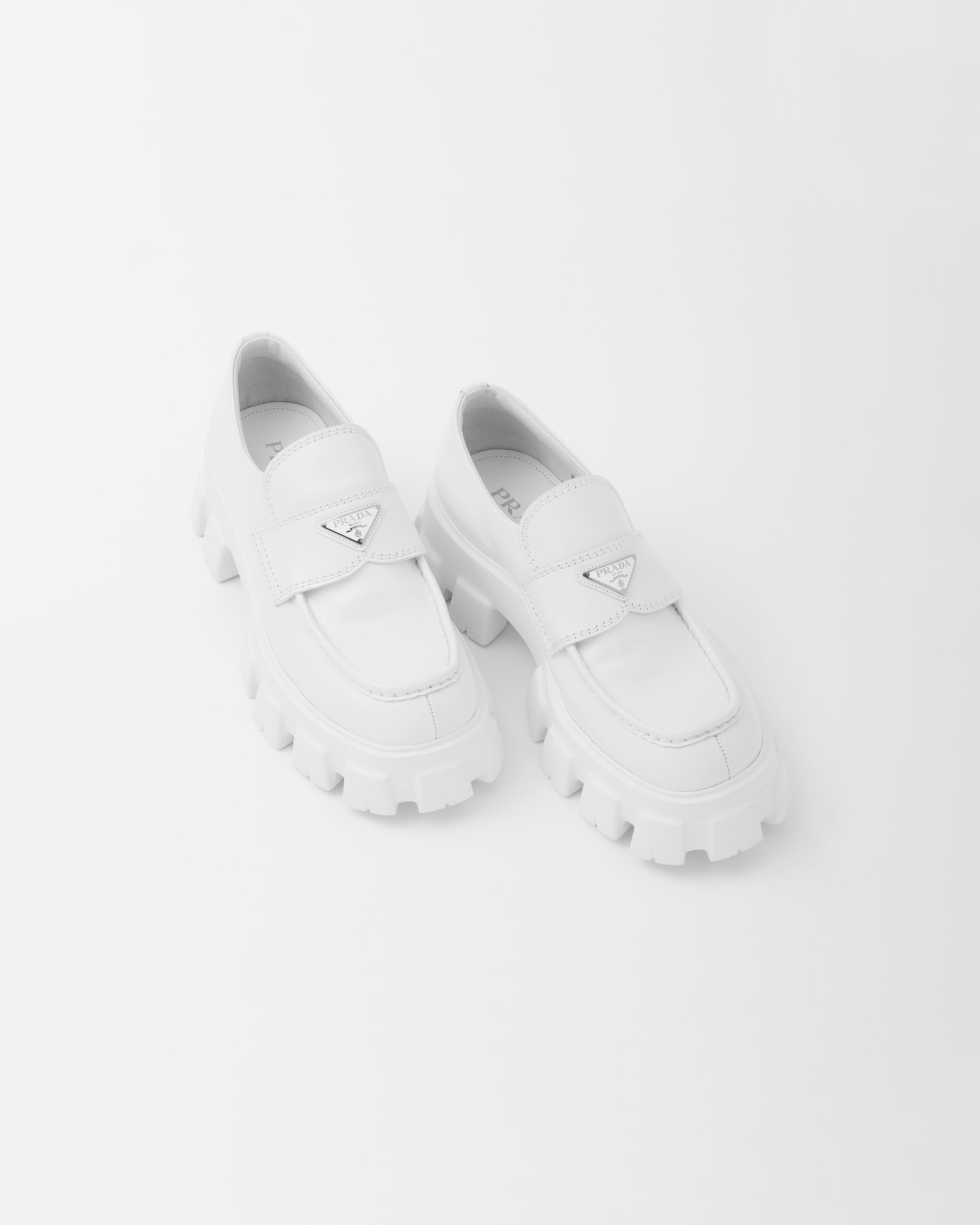 White Monolith Brushed Leather Loafers | PRADA