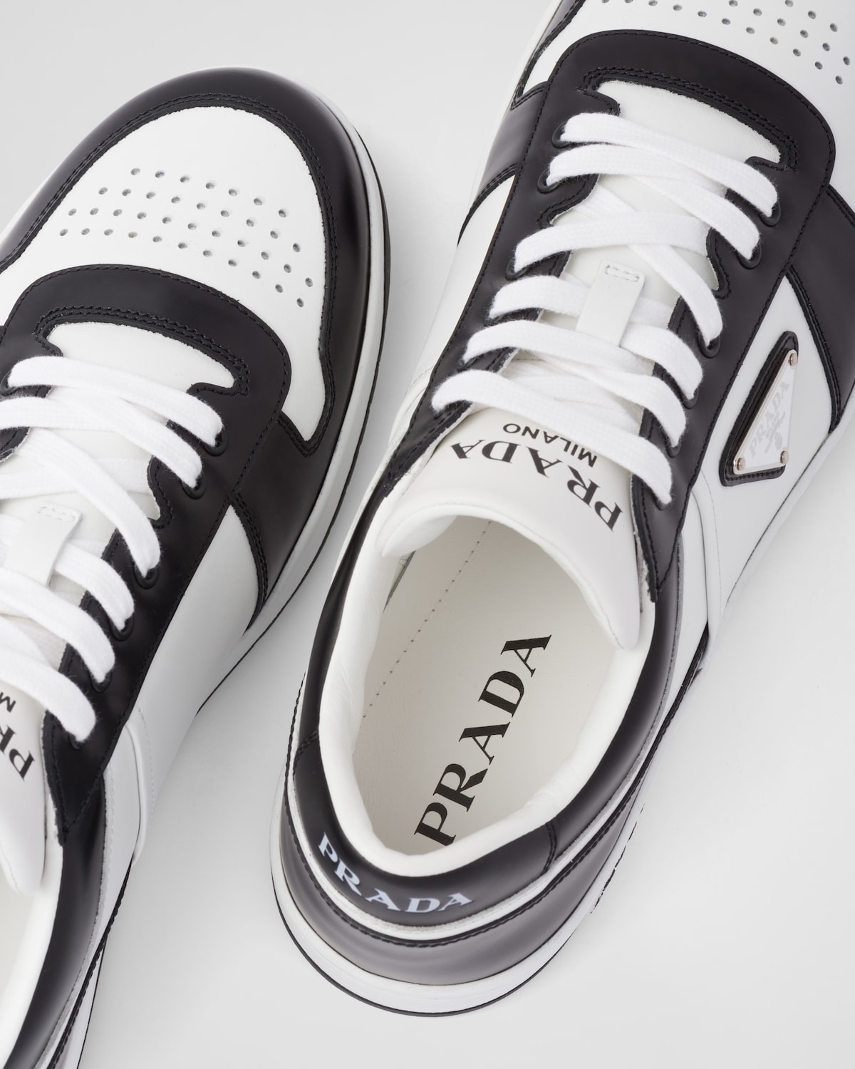 White/black Downtown Leather Sneakers | PRADA