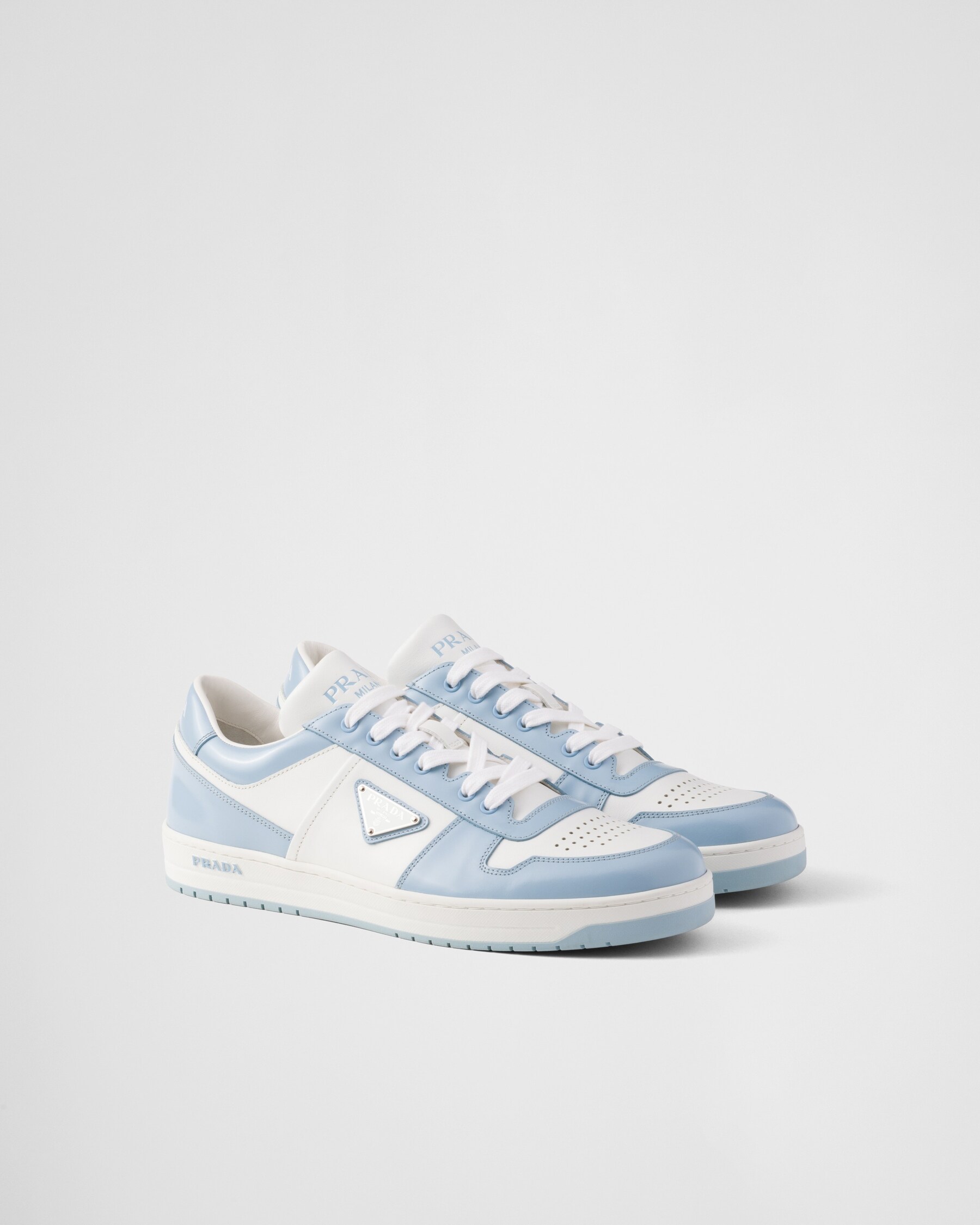 White/light Blue Downtown Leather Sneakers | PRADA