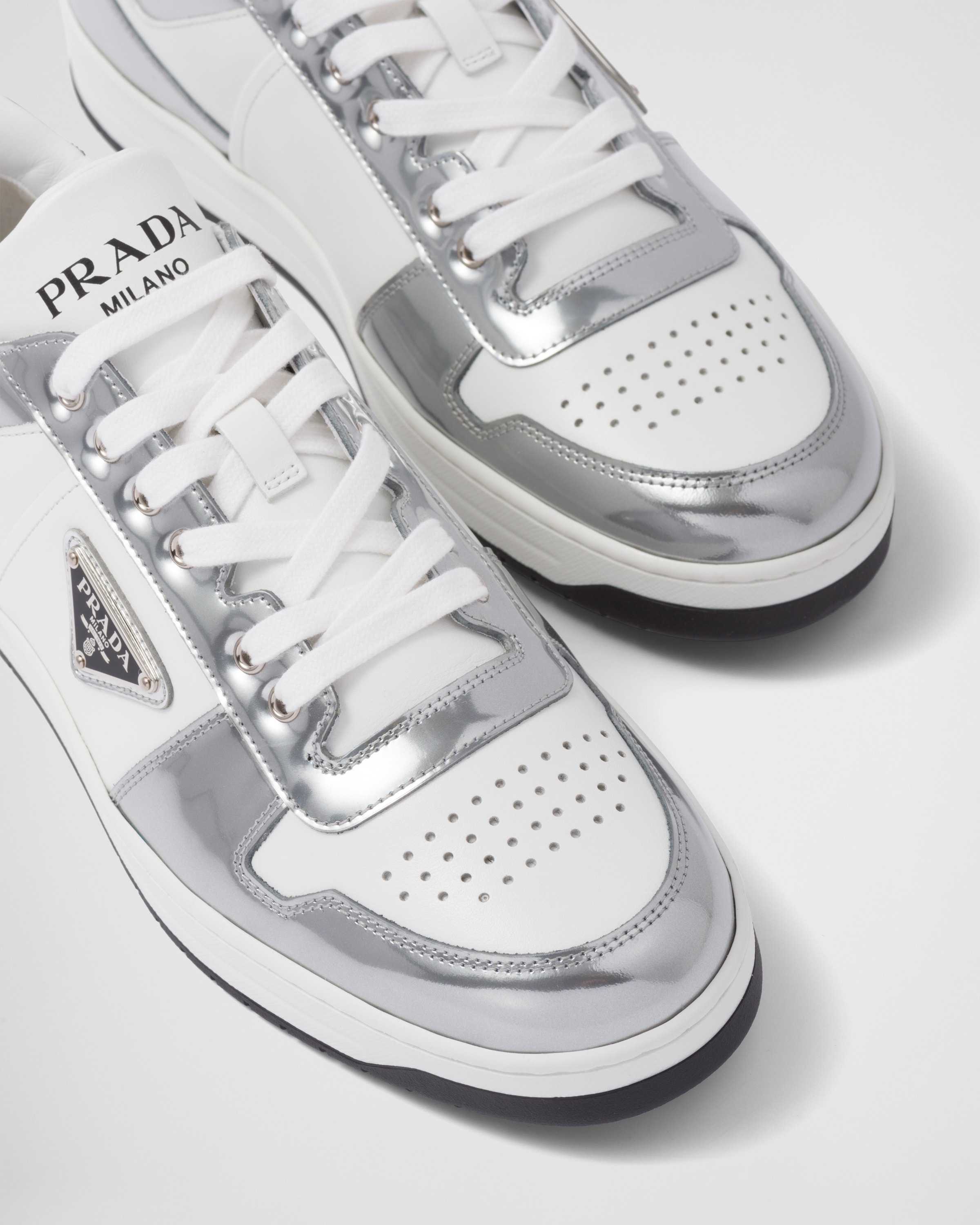 White/silver Downtown leather sneakers | Prada White/silver Downtown leather sneakers | Prada