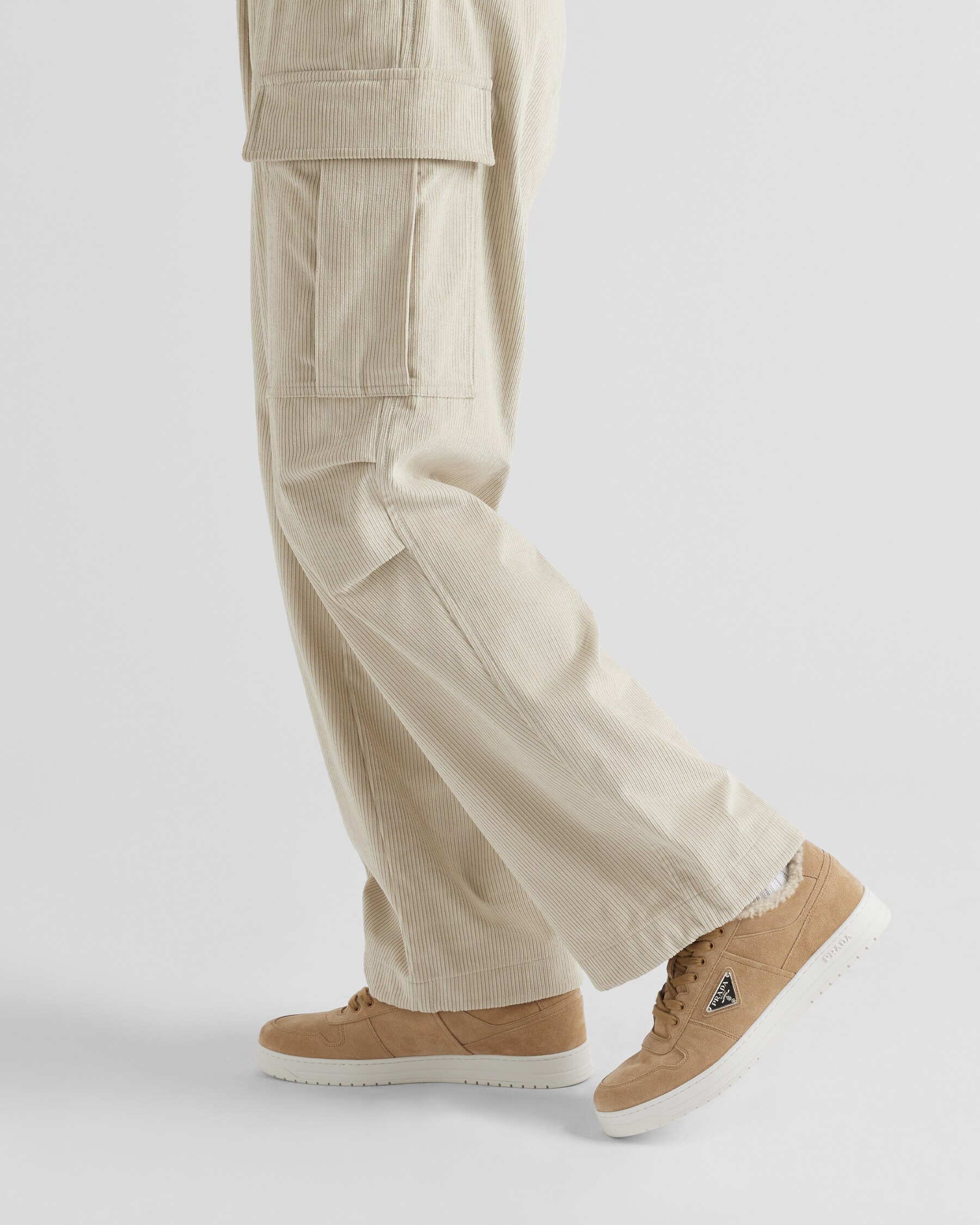 Ecru Downtown Suede Sneakers With Shearling Lining | PRADA