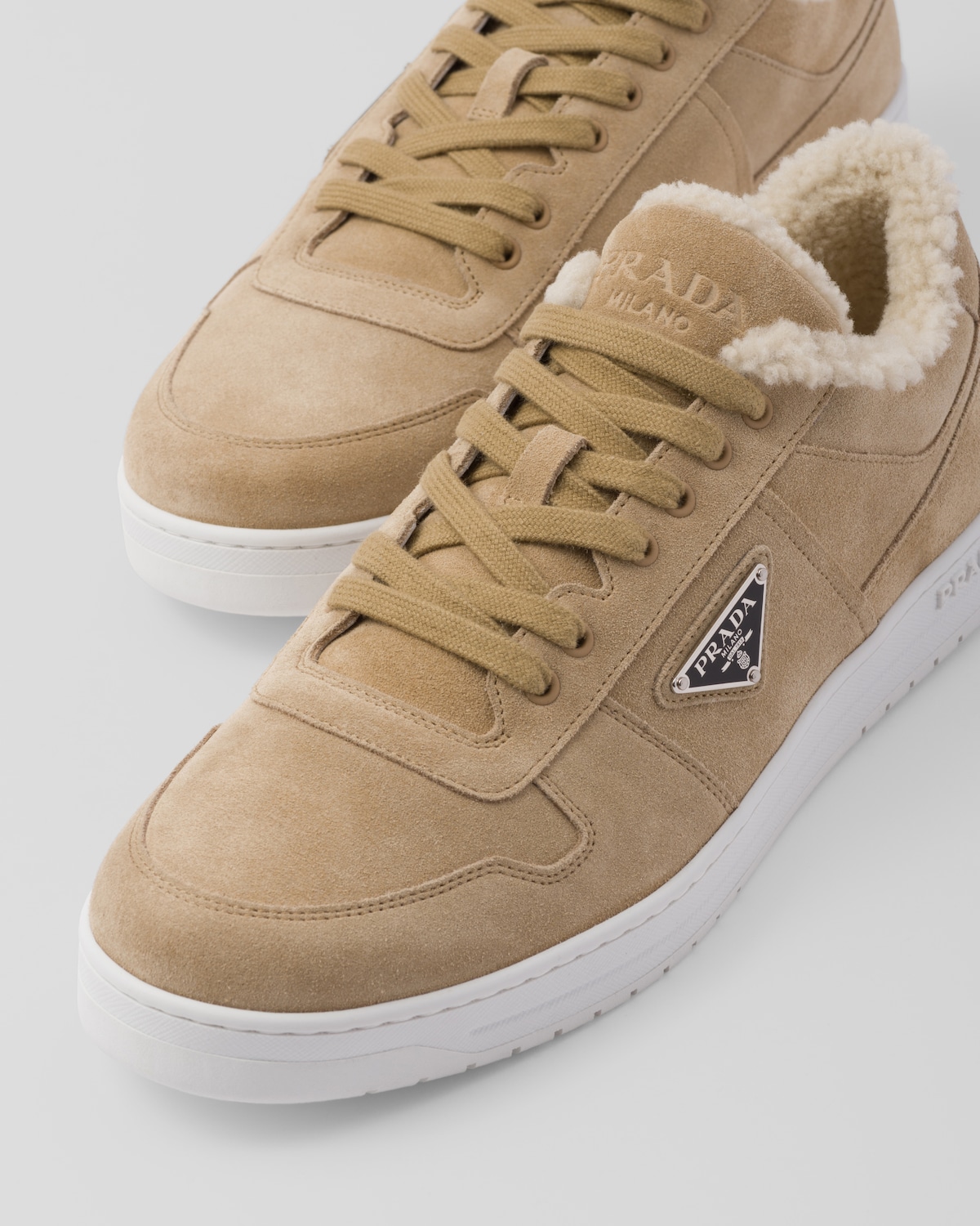 Ecru Downtown Suede Sneakers With Shearling Lining | PRADA