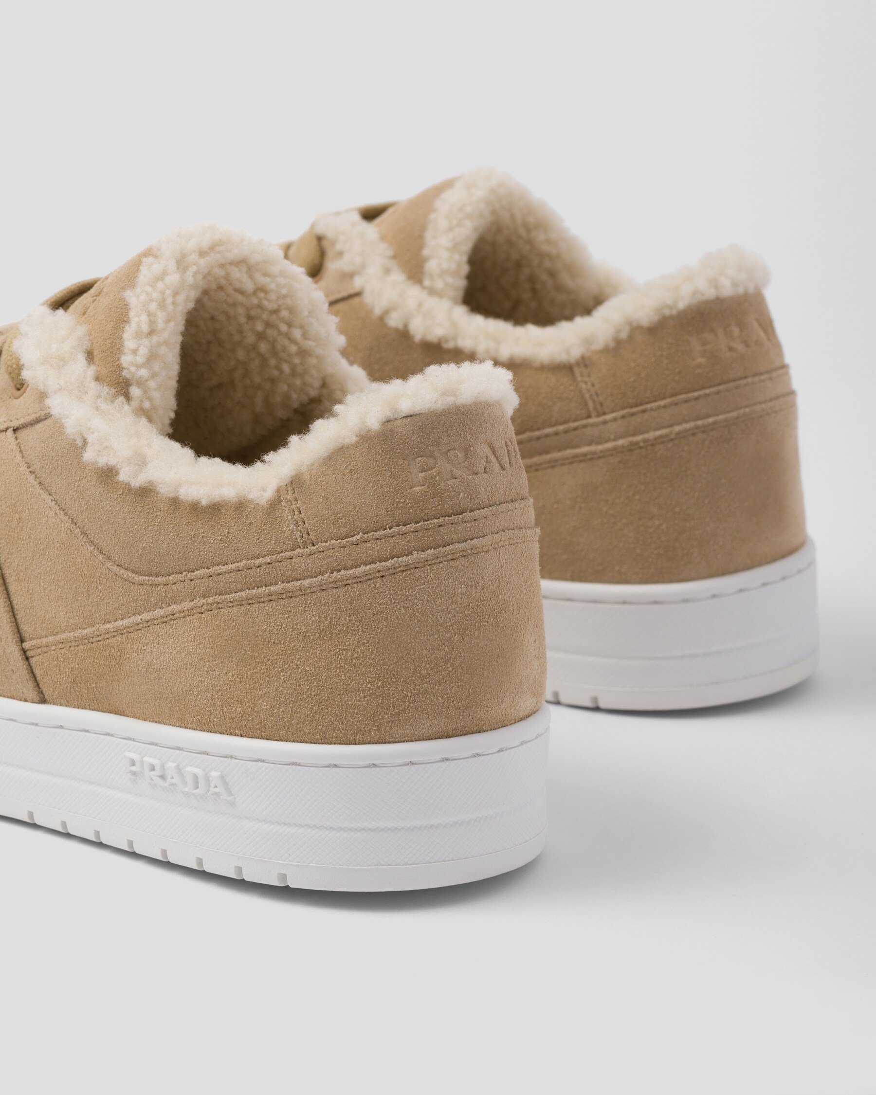 Ecru Downtown Suede Sneakers With Shearling Lining | PRADA